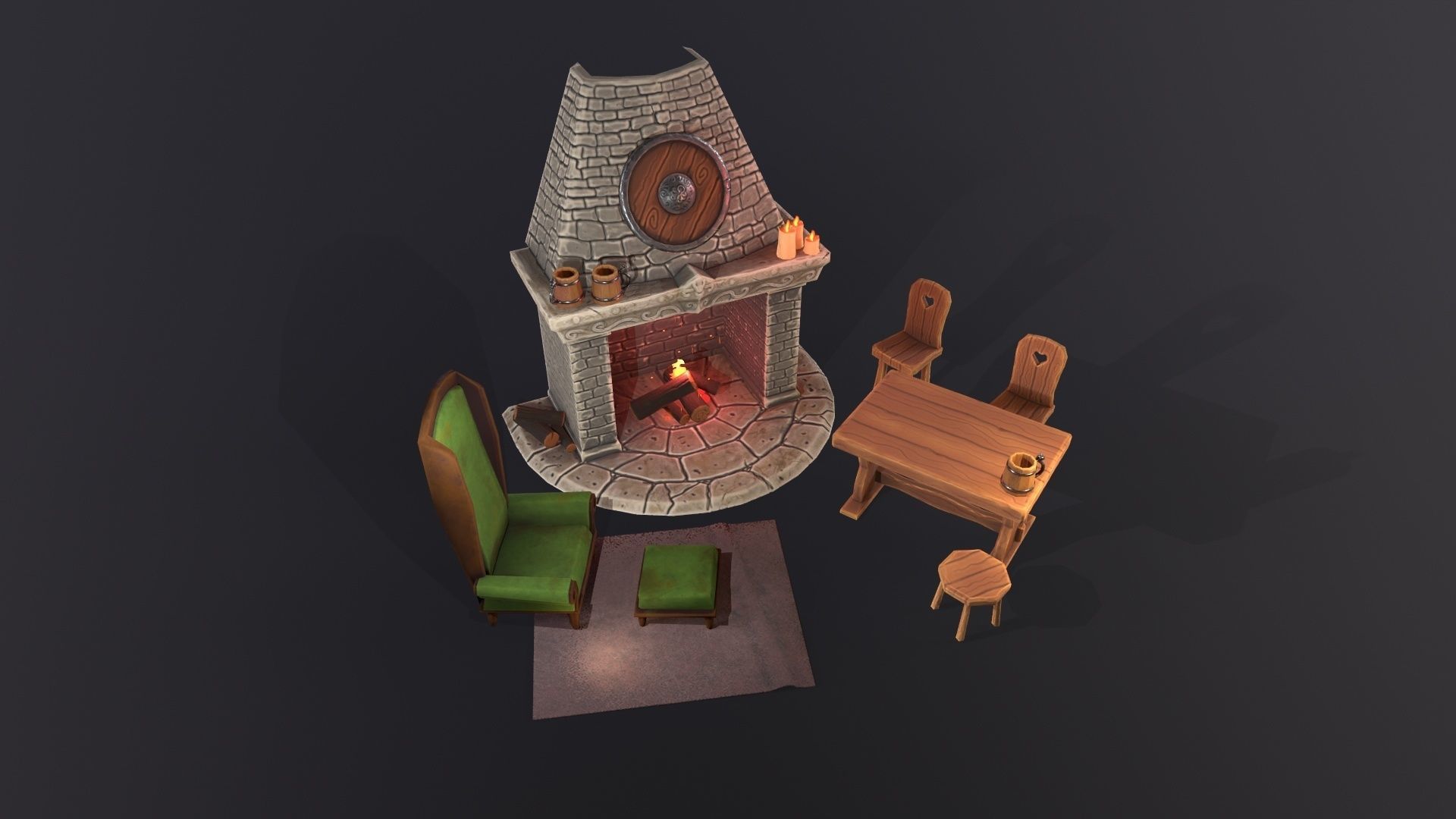 3D model Medieval fantasy tavern fireplace lowpoly stylized asset VR ...