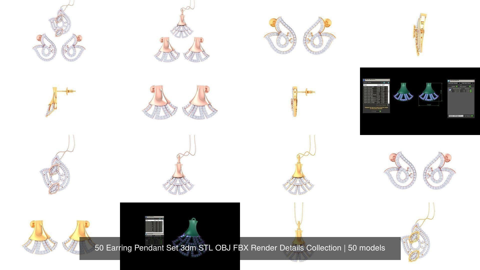50 Earring Pendant Set 3dm STL OBJ FBX Render Details Collection | CGTrader