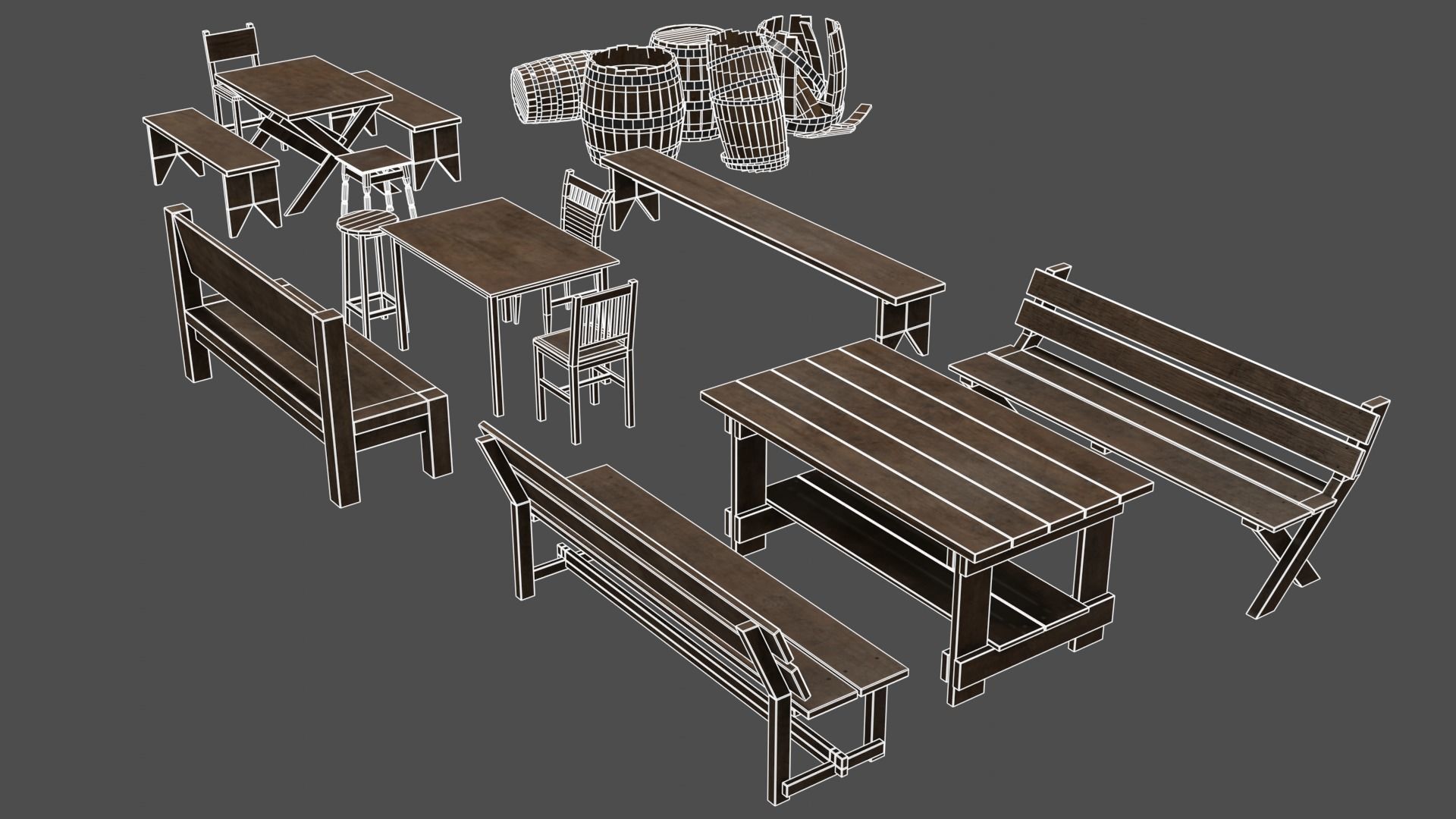 Free set of 18 wooden objects Low-poly 3D model free VR / AR / low-poly ...