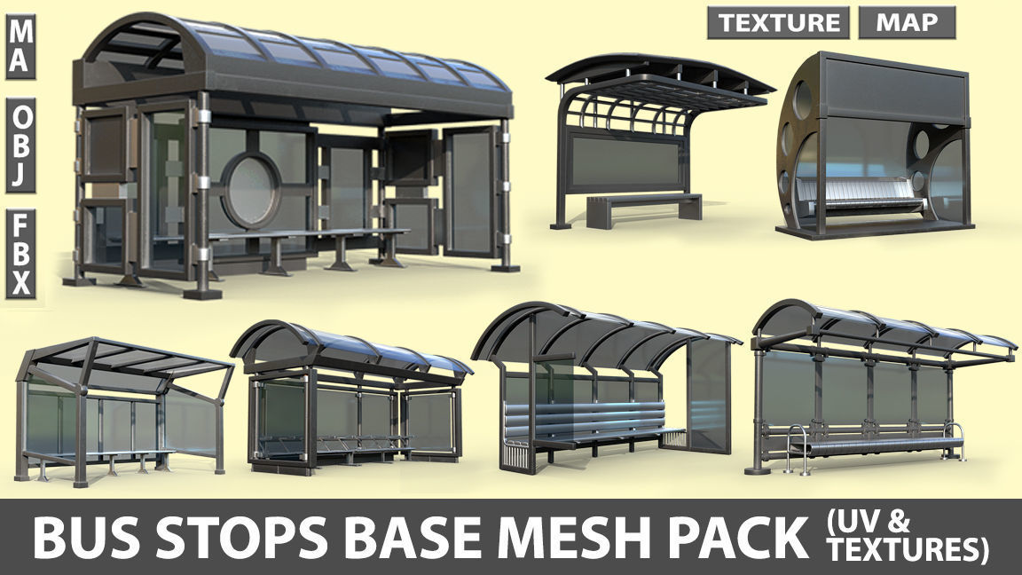 3D model 25 Bus Stop Base Mesh Pack with UVs and Textures VR / AR / low ...