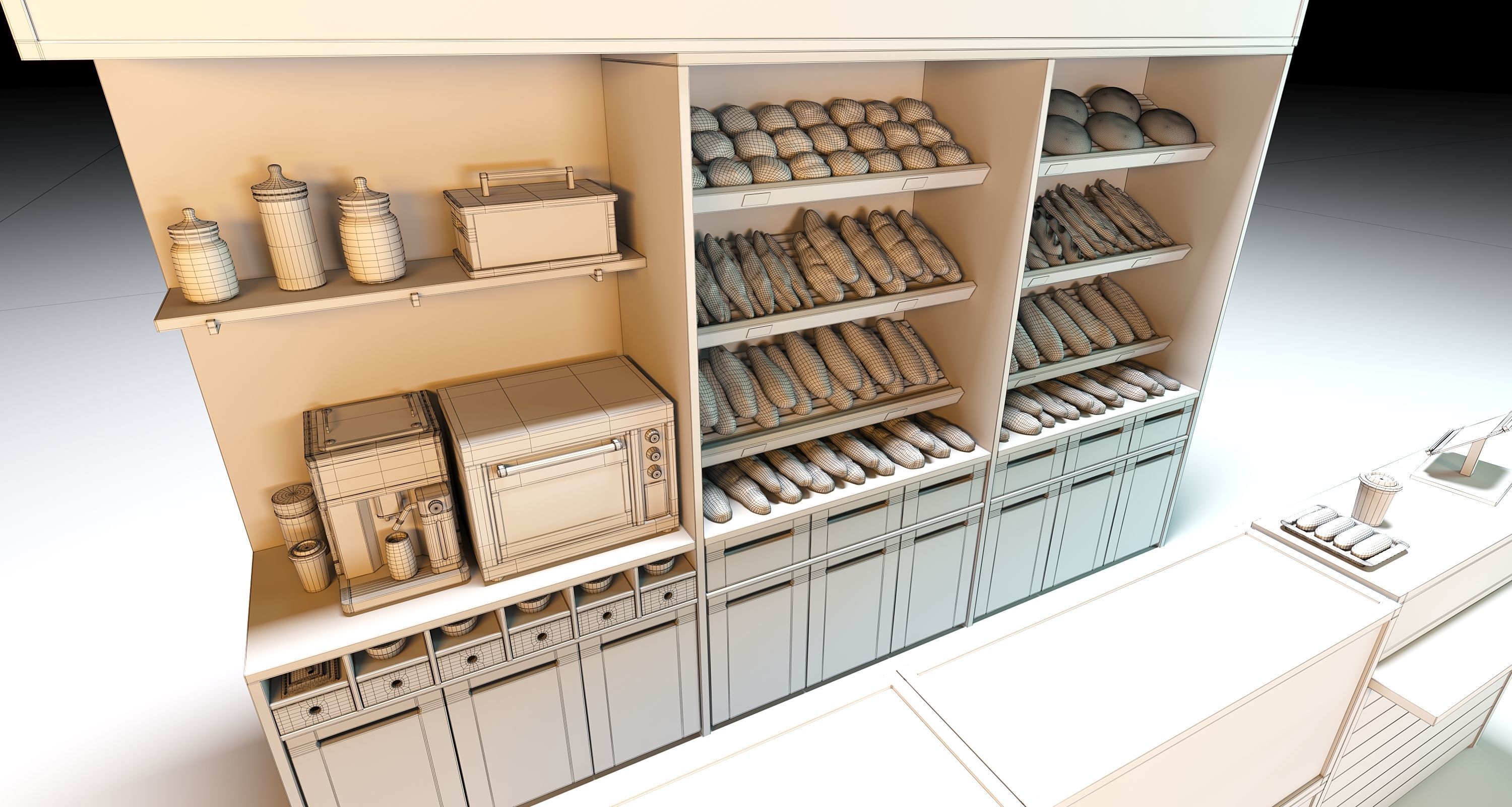 Bakery display with breads and pastries 3D model | CGTrader