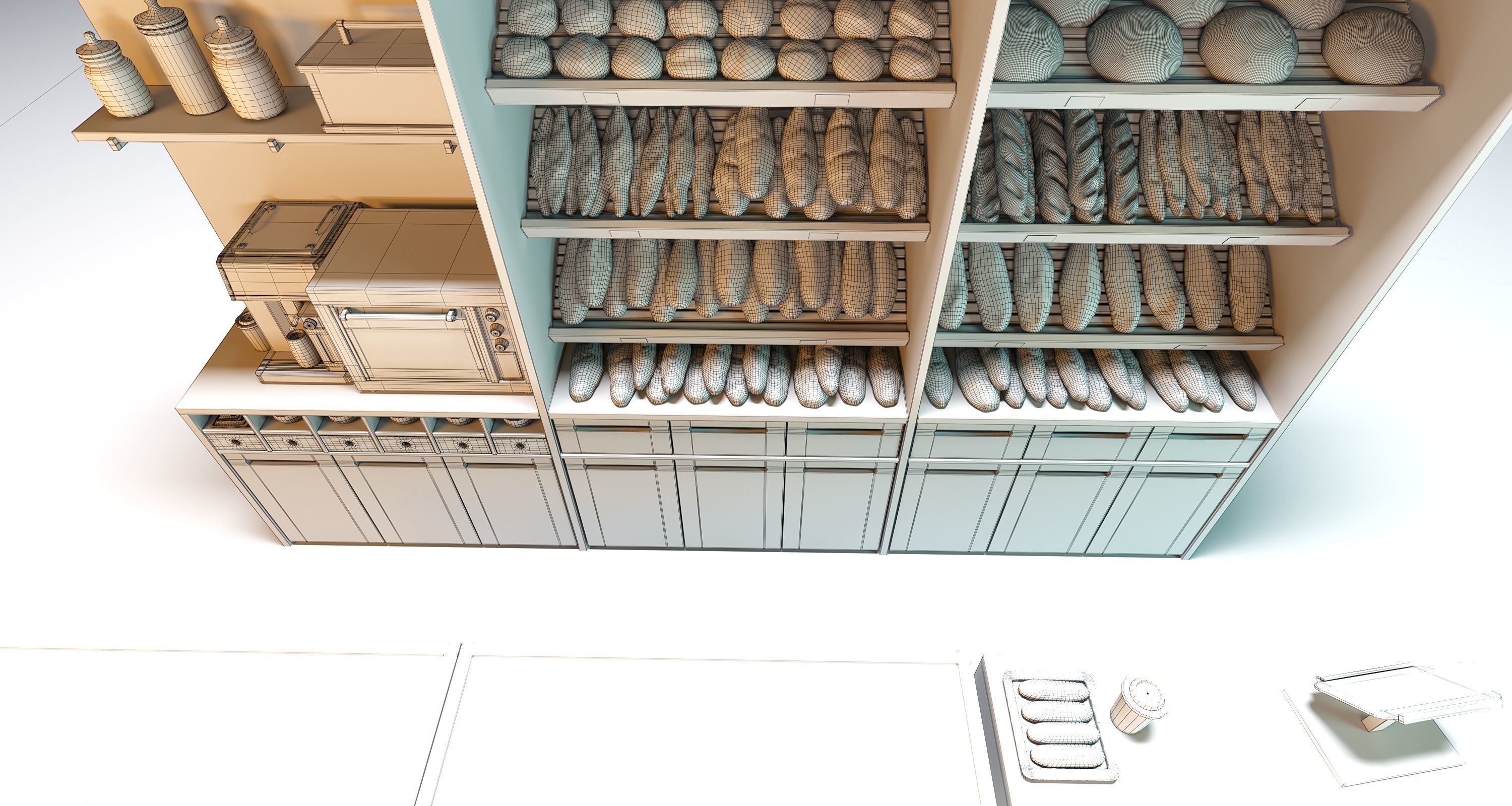 Bakery display with breads and pastries 3D model | CGTrader