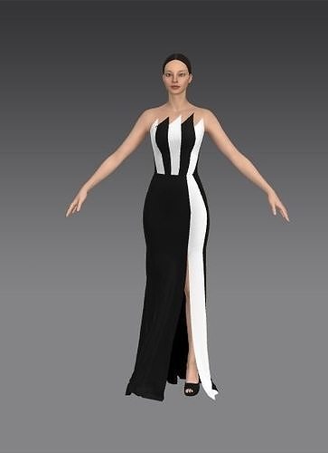 3D model Dress black and white color block slit dress VR / AR / low ...