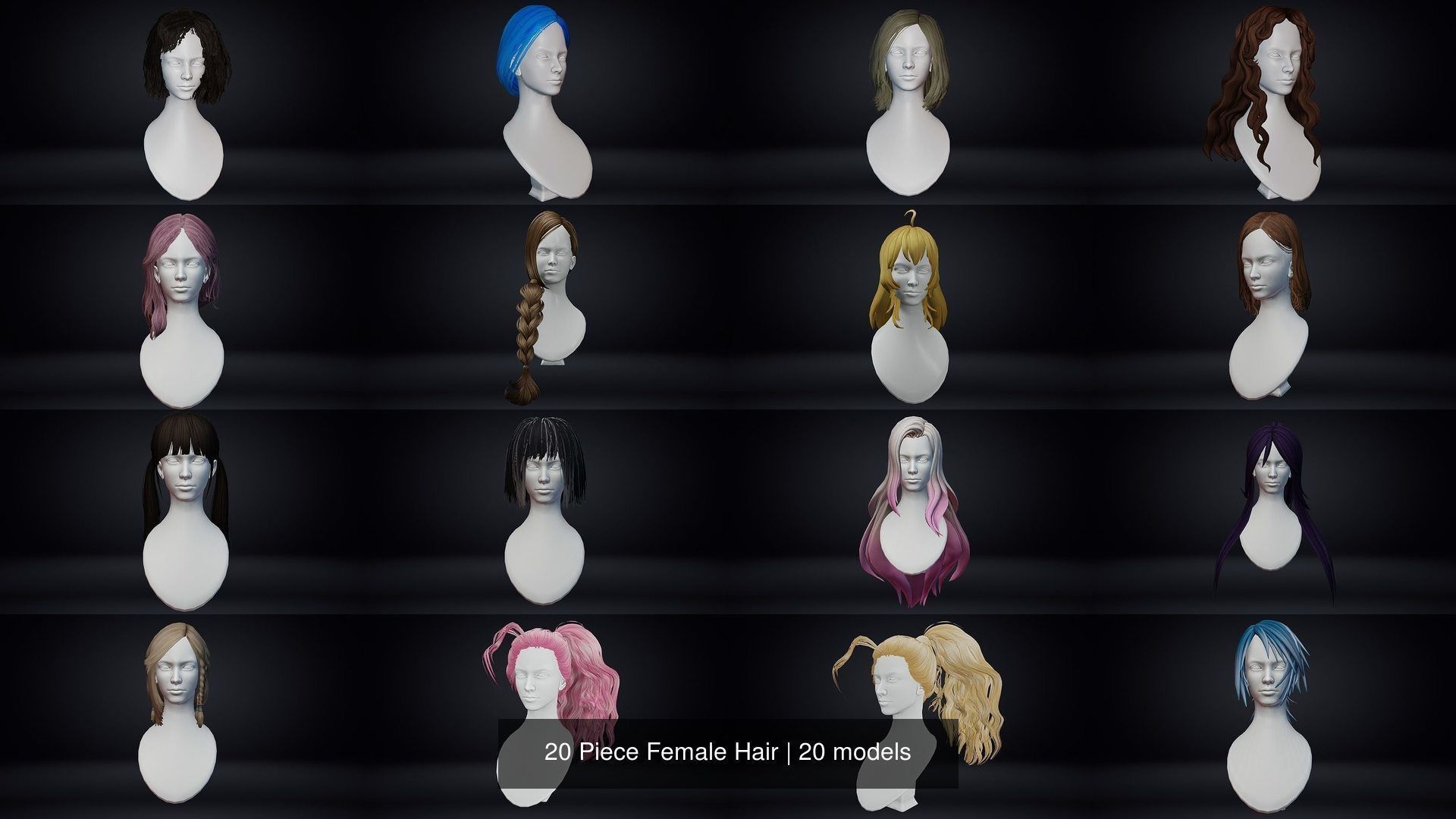3D Model Collection Female Hair Pack 20 Piece VR / AR / low-poly | CGTrader