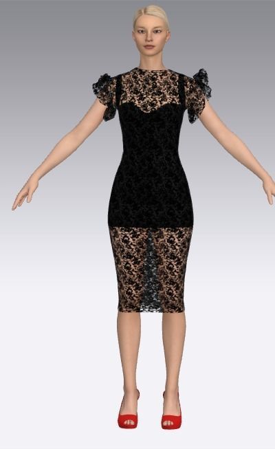 3D model Dress lace ruffled detail heart nexkline dress VR / AR / low ...