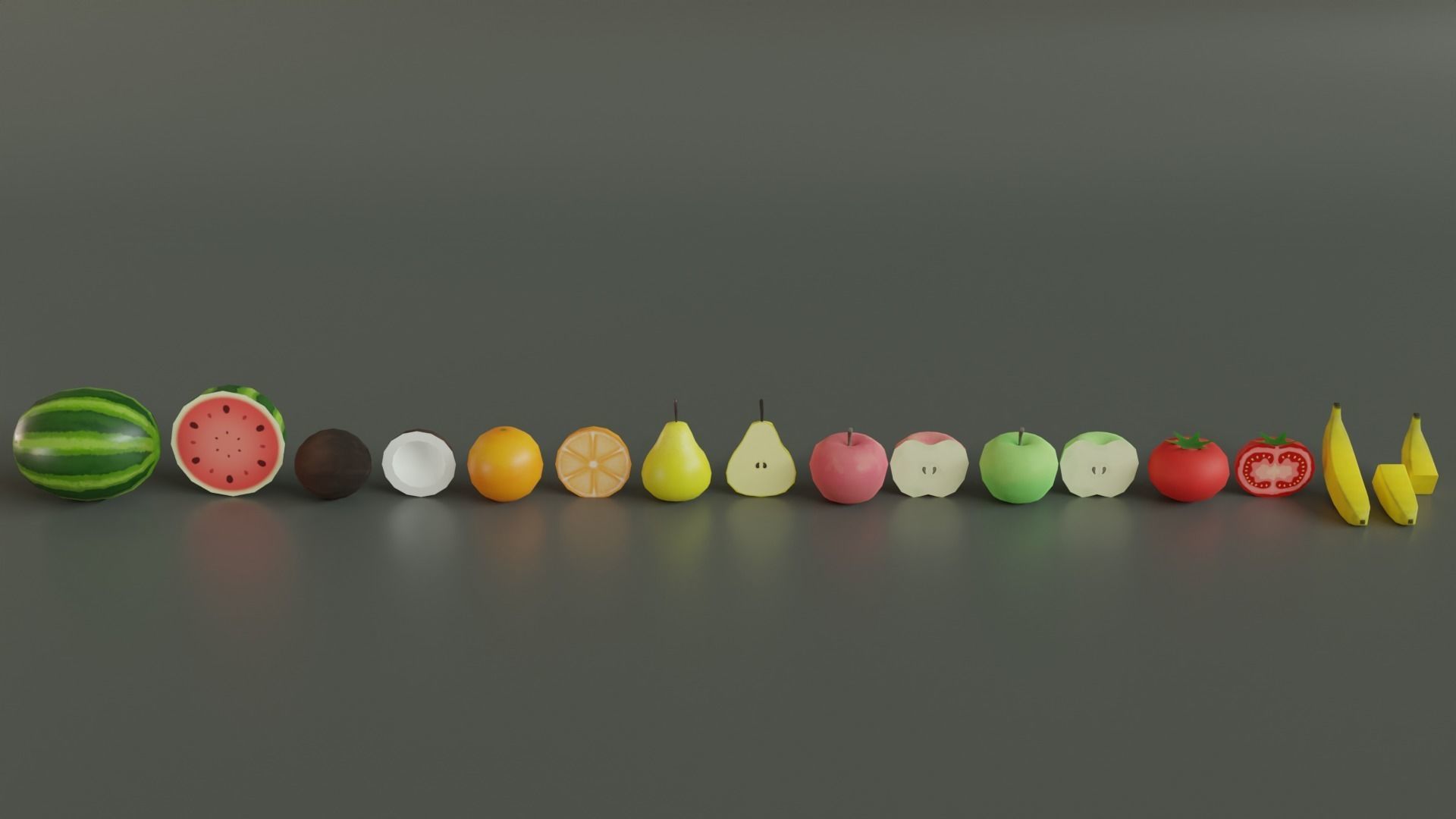 3D model Fruits Apple Banana Orange Watermelon Coconut Pear Tomato VR ...