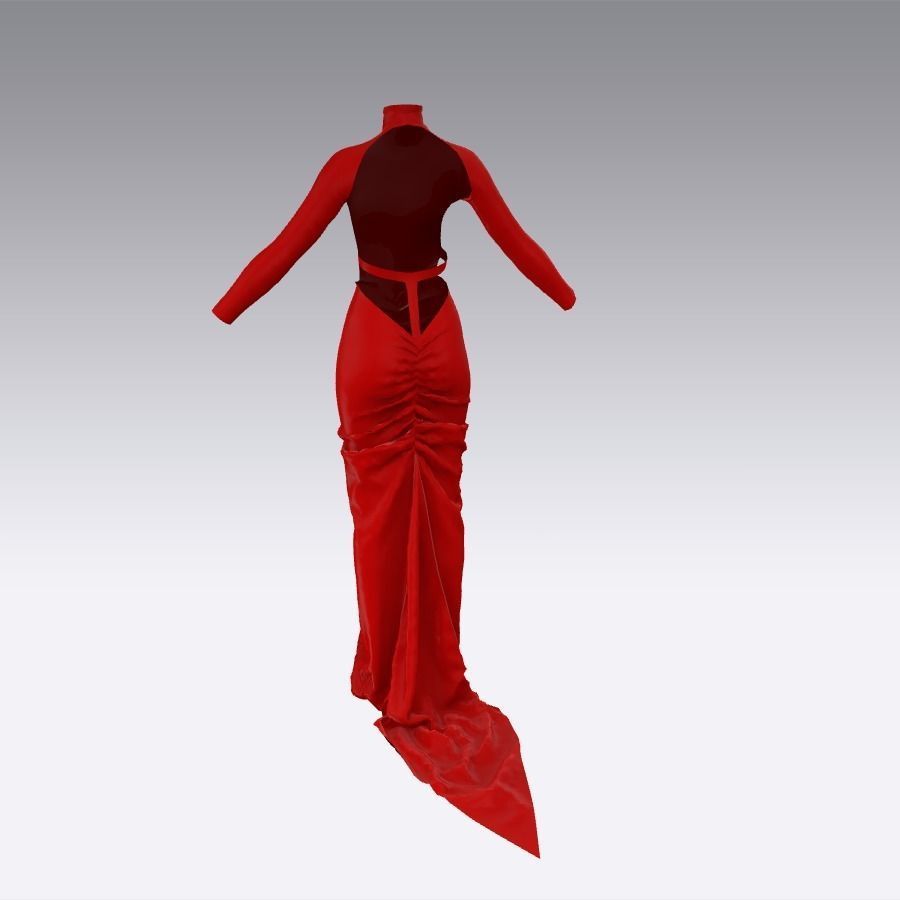 3D model Red dress slevee long dress back detail VR / AR / low-poly ...