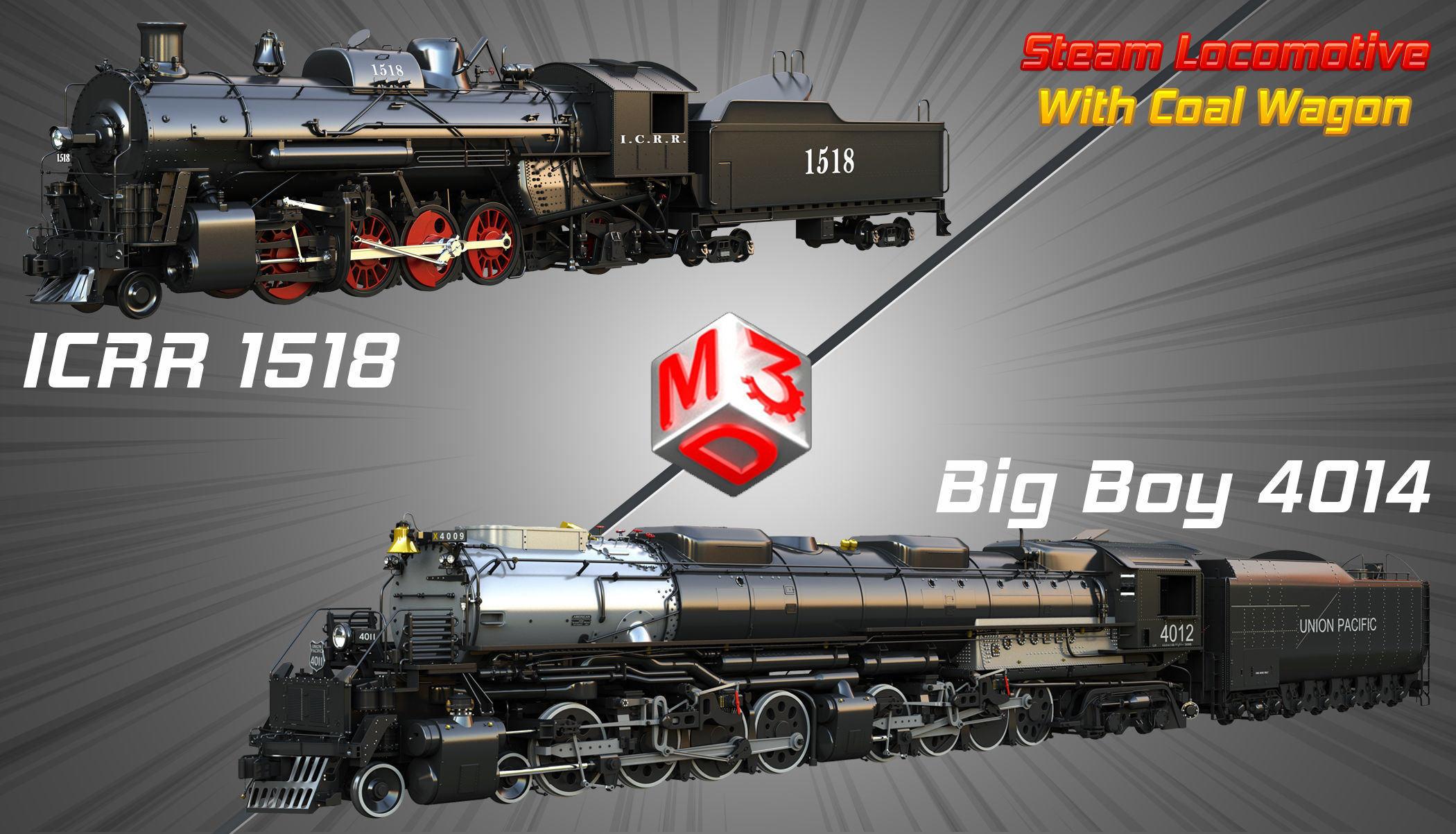 ICRR 1518 - Big Boy 4014 Steam Locomotive - Coal Wagon 2 in 1 3D Model Collection | CGTrader