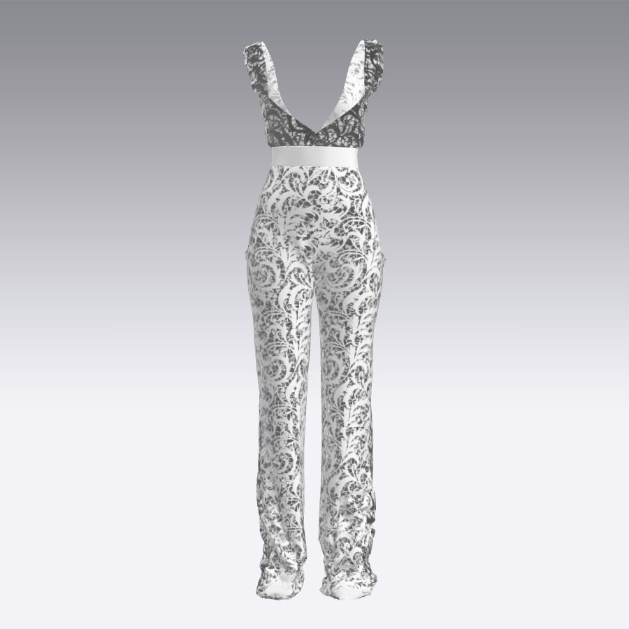 3D model Jump suit lace white cotton matte fabric degaje neckline look ...