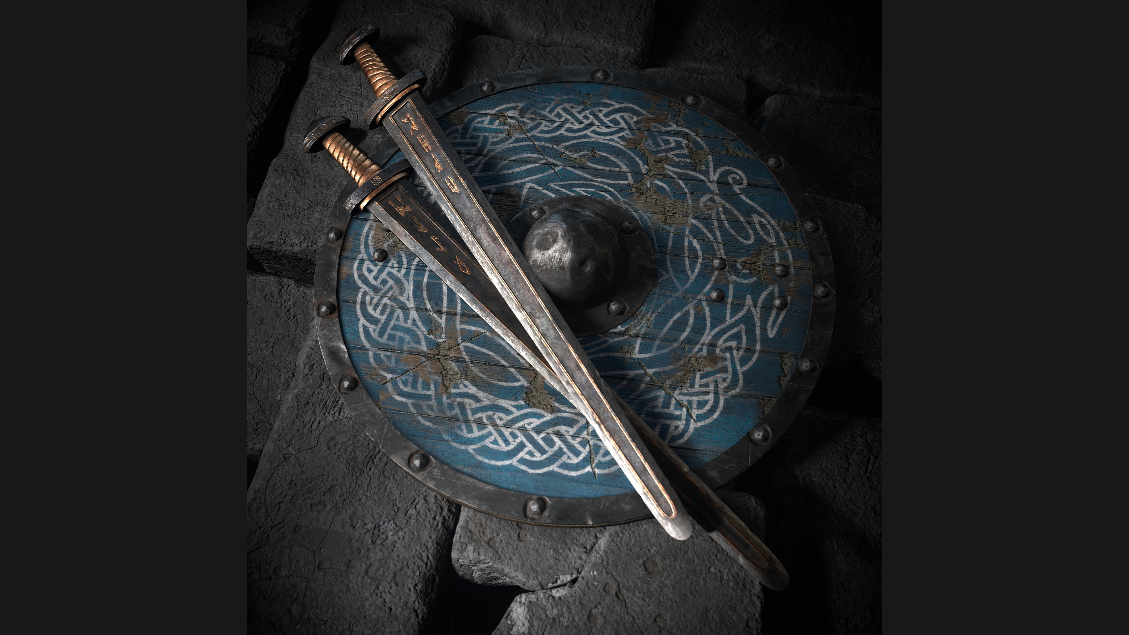 3D model Viking sword and shield with Midgard serpent VR / AR / low ...