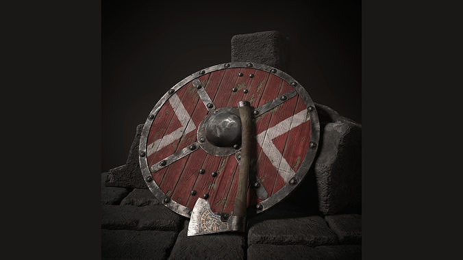 3D model Viking axe and shield with simple ornament VR / AR / low-poly ...