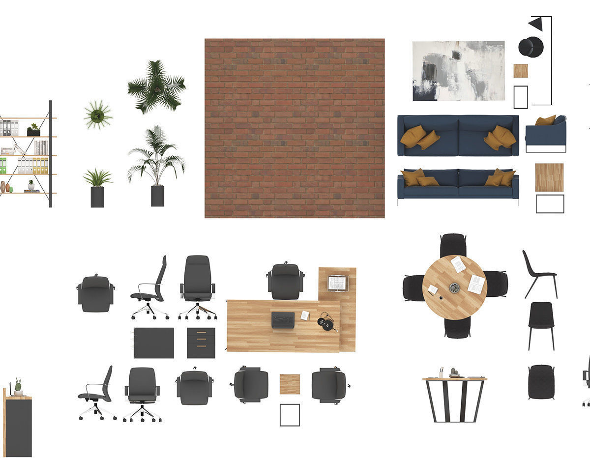 Floor Plan 2D office furniture top view 3D render realistic p1 3D model ...