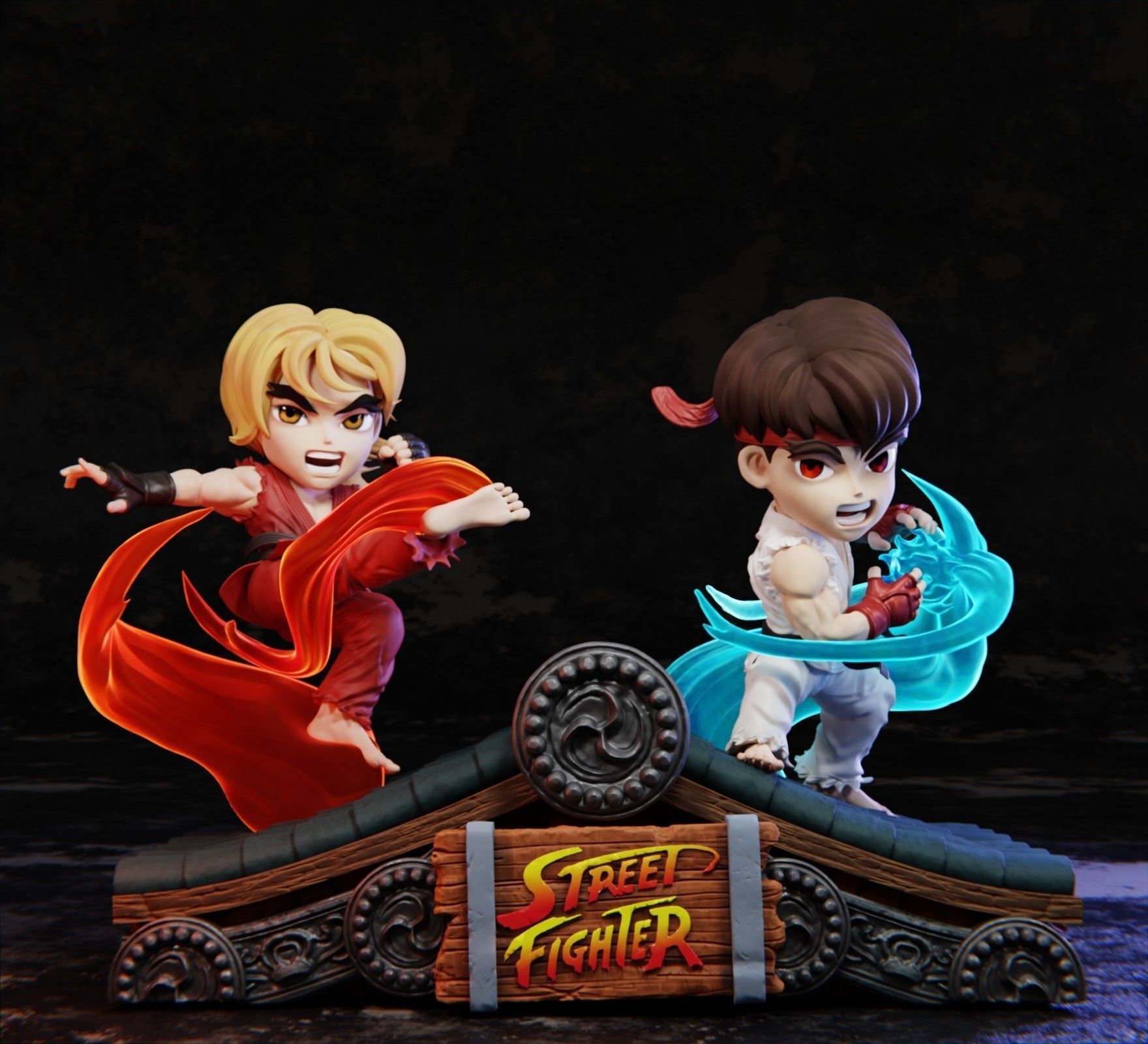 Streetfighter Ryu Ken Chibi Diorama 3D print model 3D model 3D ...