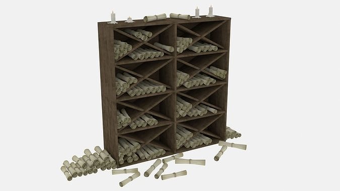 Old wood shelf with scrolls and candles 3D model | CGTrader
