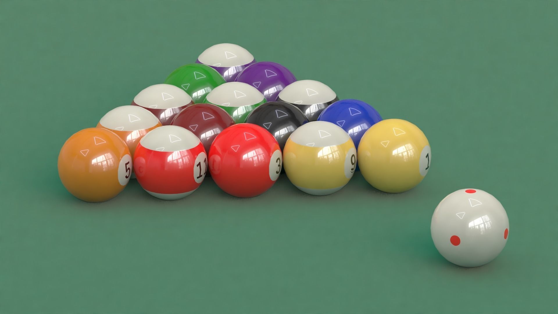 15 billiard balls aligned and a cue ball with 6 red points 3D model ...