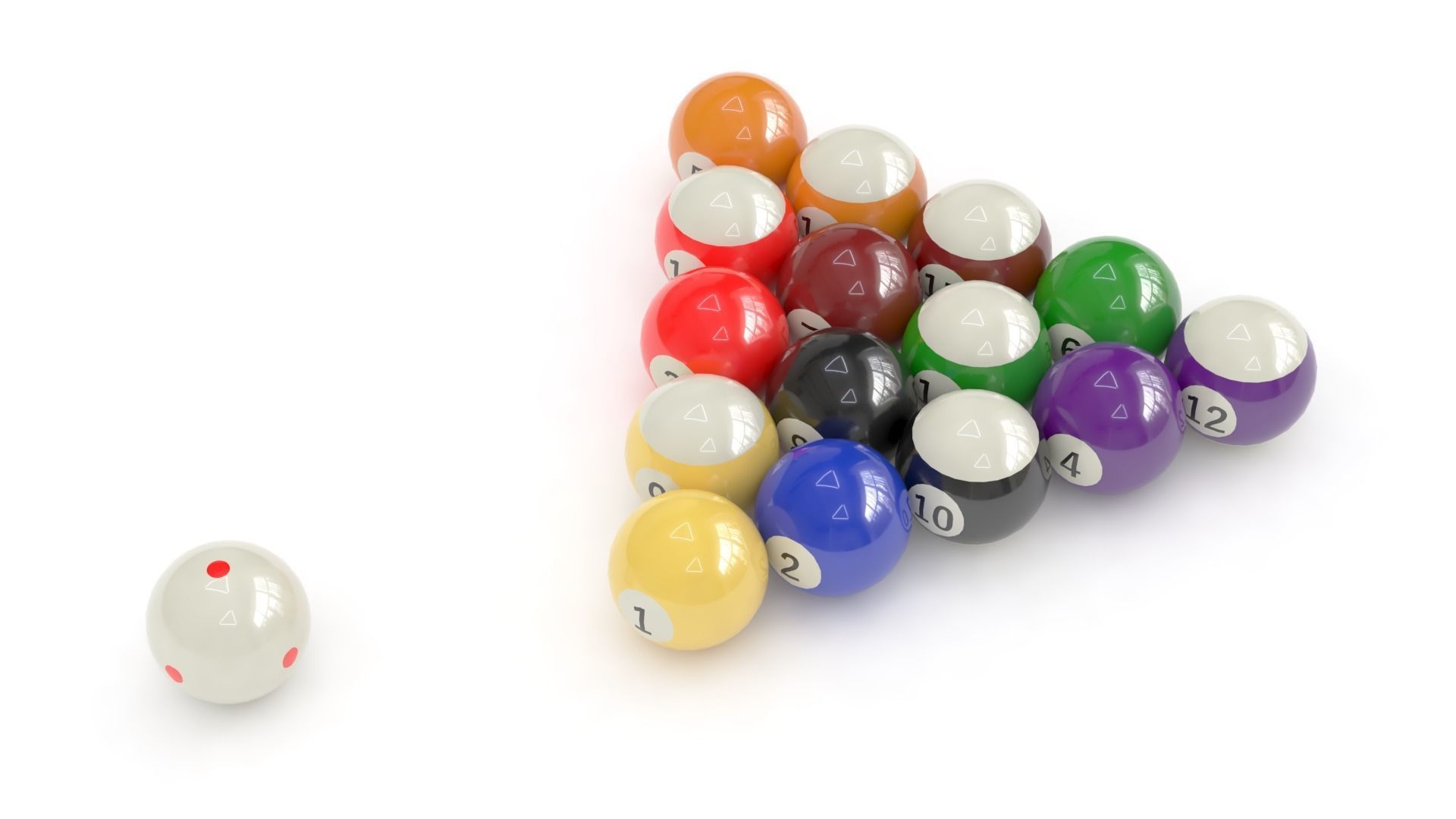 15 billiard balls aligned and a cue ball with 6 red points 3D model ...