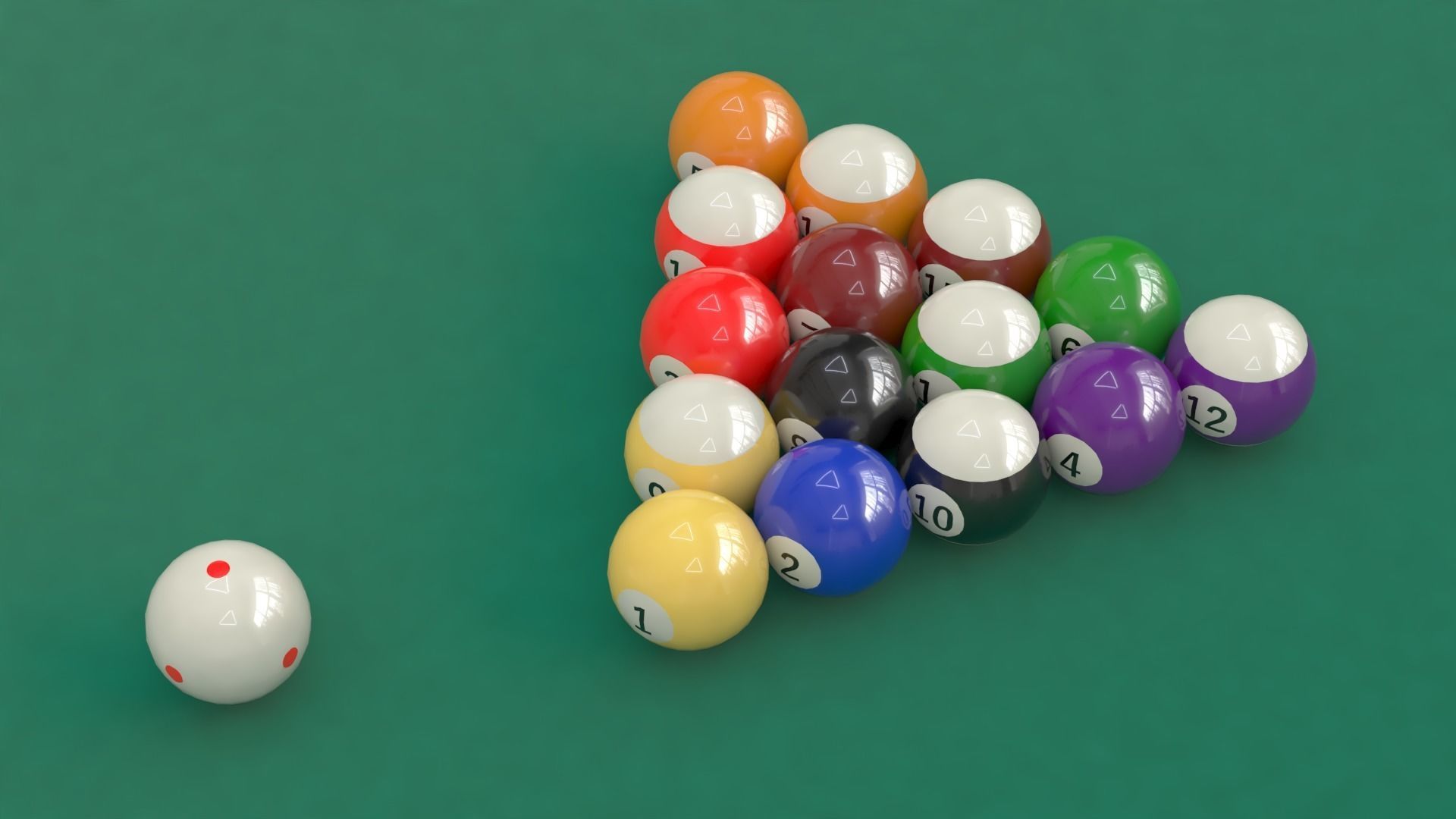 15 billiard balls aligned and a cue ball with 6 red points 3D model ...