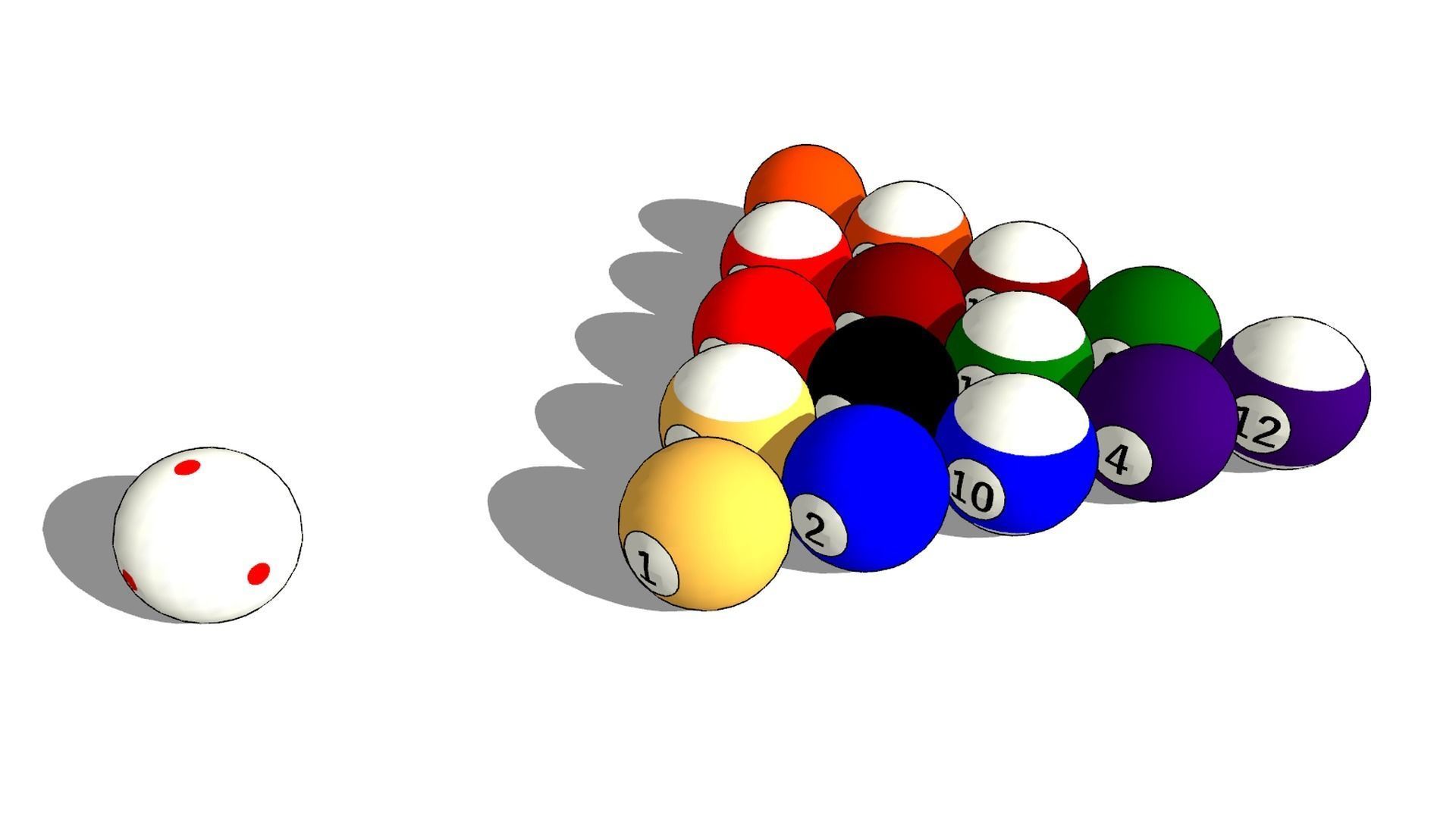 15 billiard balls aligned and a cue ball with 6 red points 3D model ...