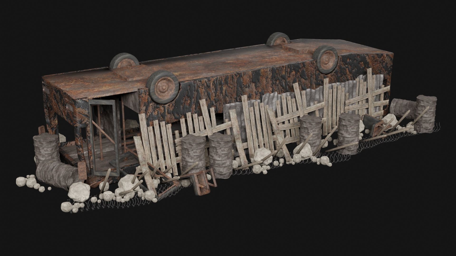 3D model POST APO WRECK PALISADE WALL BARRIER BARRICADE FENCE ...