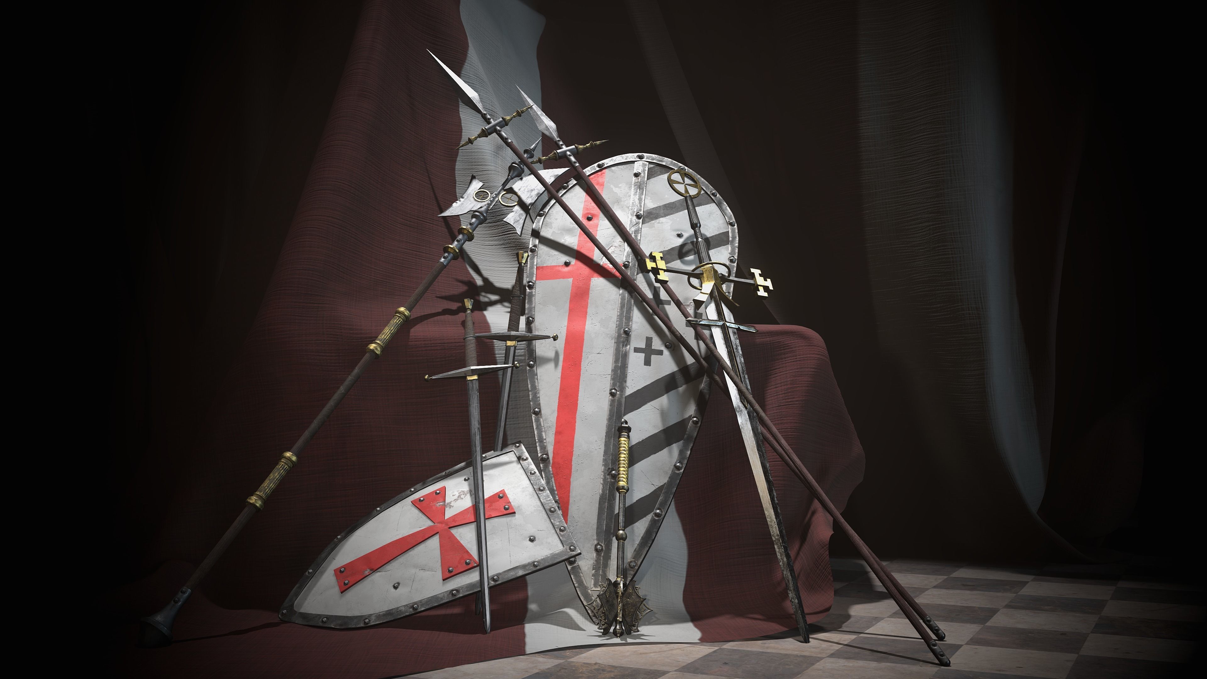 3D model Knight shields Medieval templar Swords Mace Spear Halberd set ...