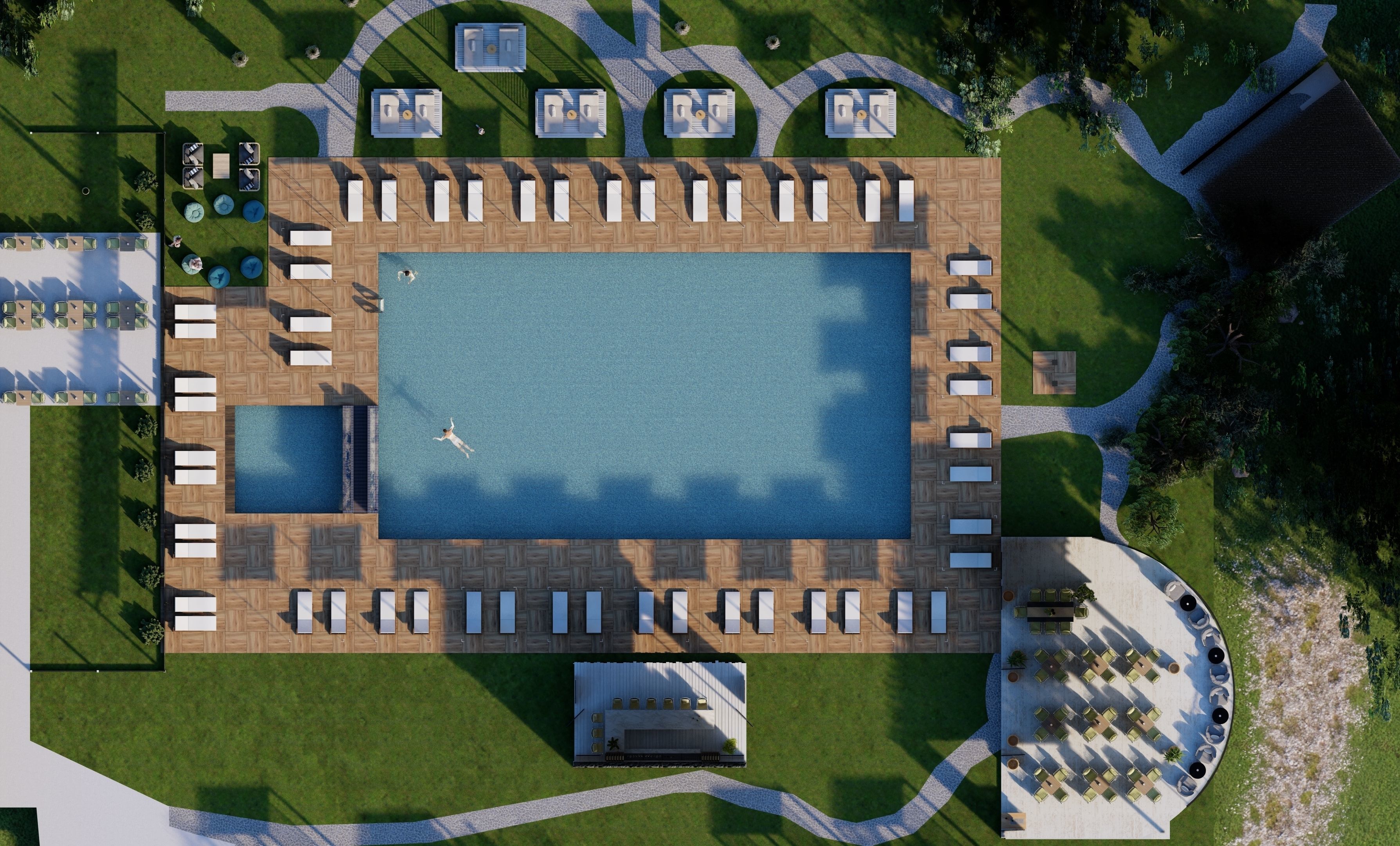 Hotel Pool Area with bar seating sunshade sunbed and lounge 3D model ...