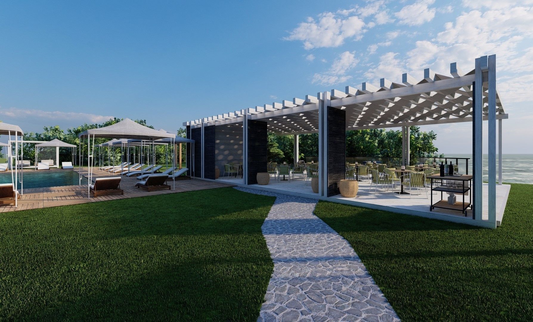 Hotel Pool Area with bar seating sunshade sunbed and lounge 3D model ...