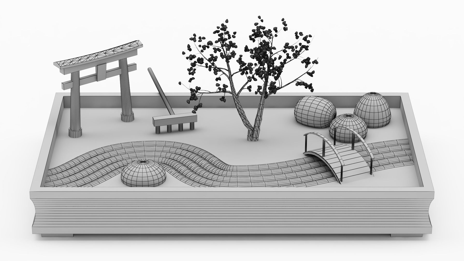 Miniature zen garden with gemstone tree torii and wooden bridge 3D ...