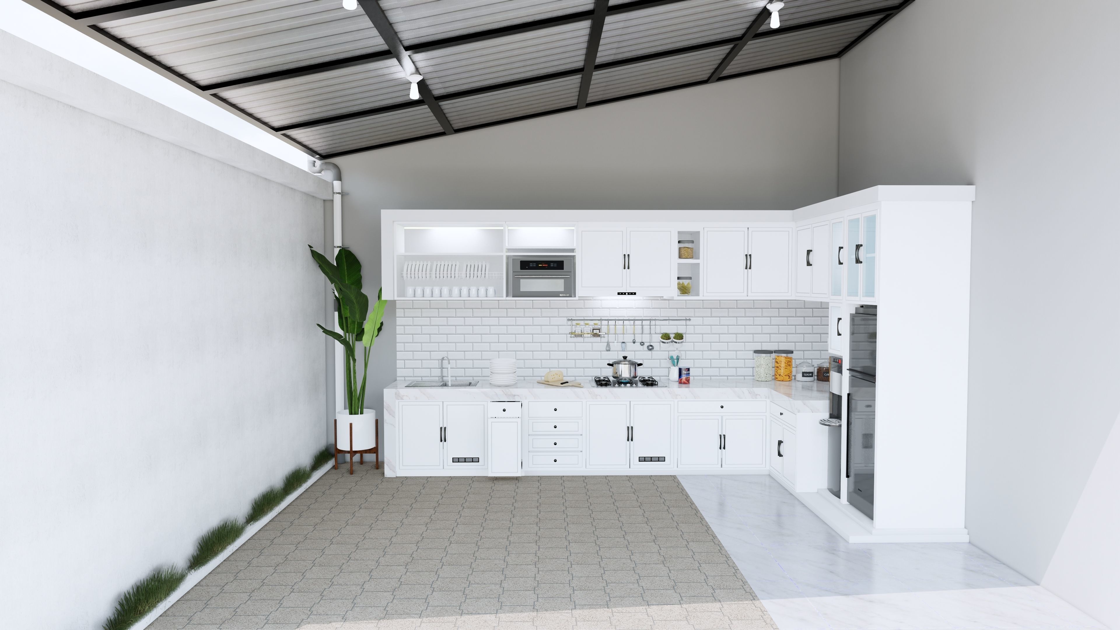 White Letter L Kitchen 3D Design Sketch Up Render Enscape 3D model ...