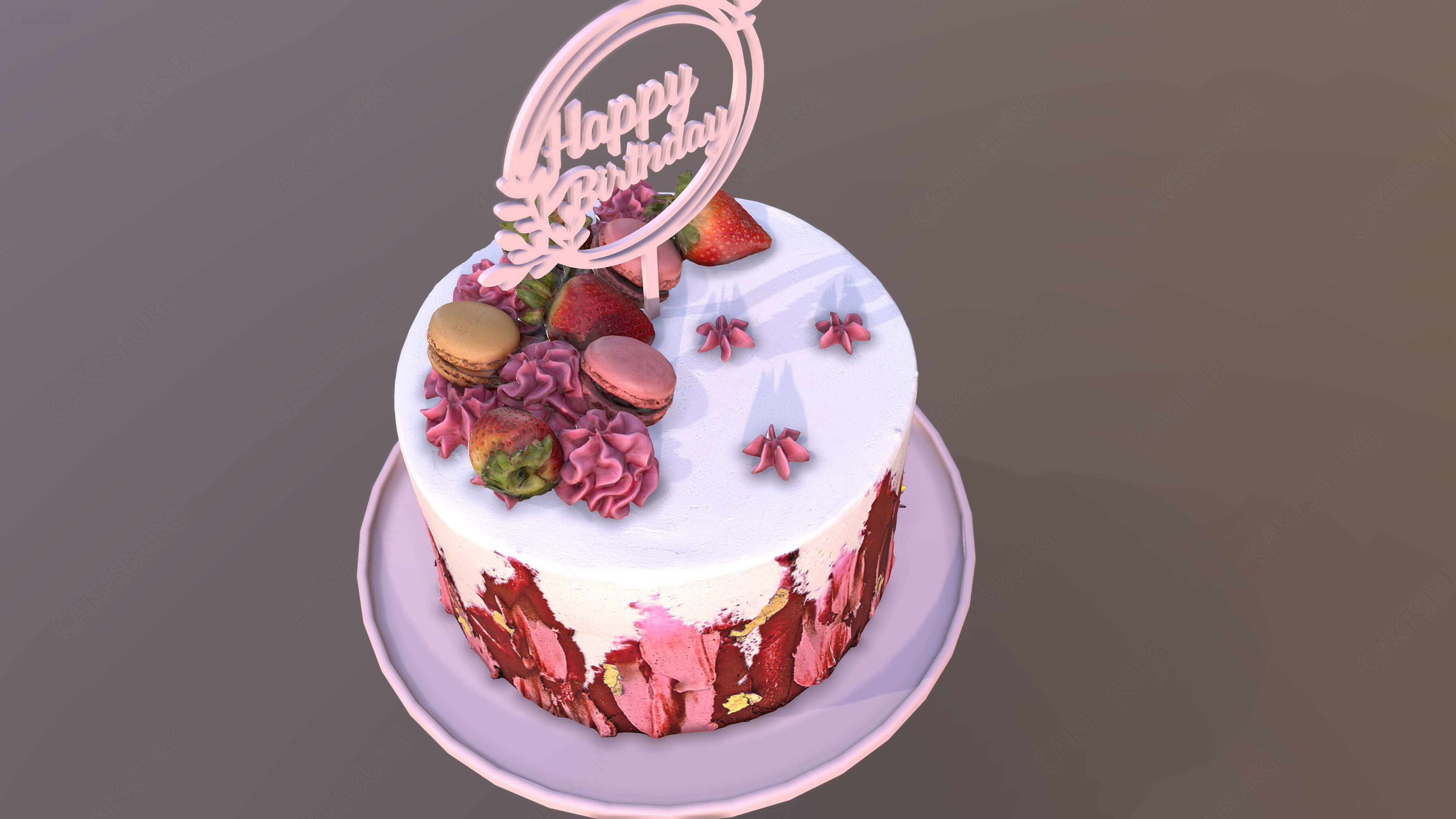 3D model Elegant Hibiscus Strawberry Swirl Birthday Cake VR / AR / low ...