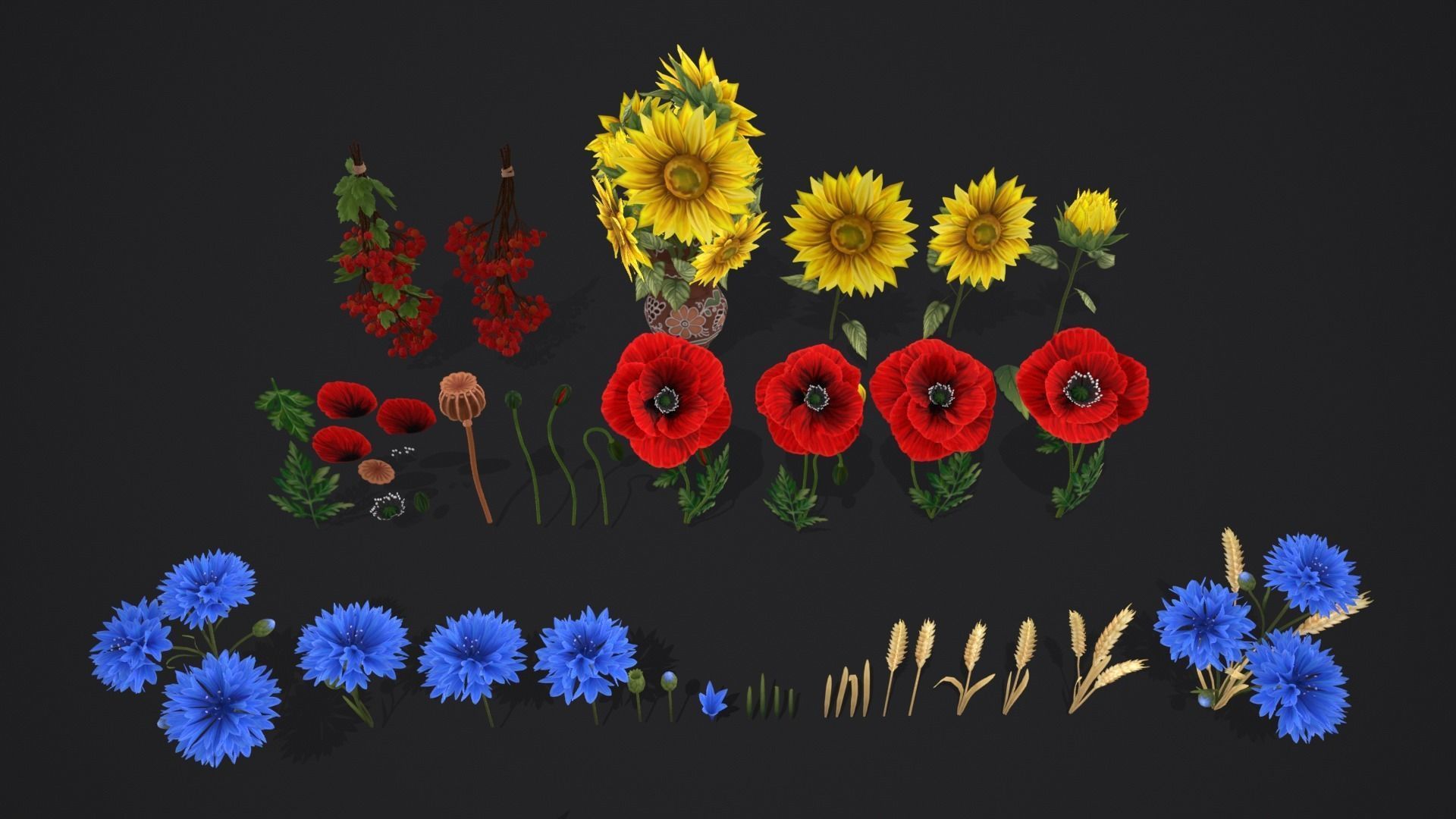 3D model Pack Stylized handpainted wild flowers VR / AR / low-poly ...