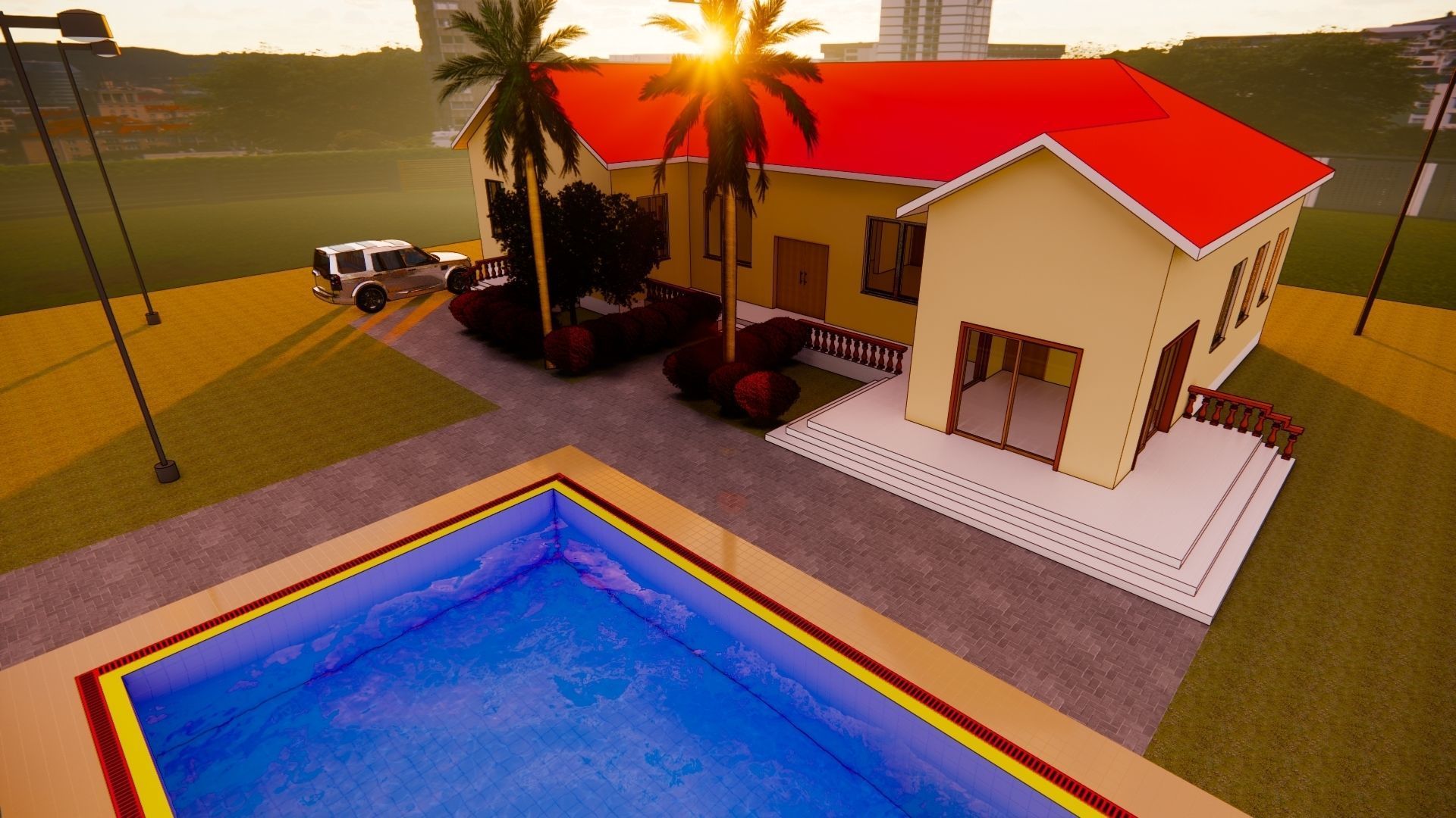 Resort house pitched roof with swimming pool in Revit 3D model | CGTrader