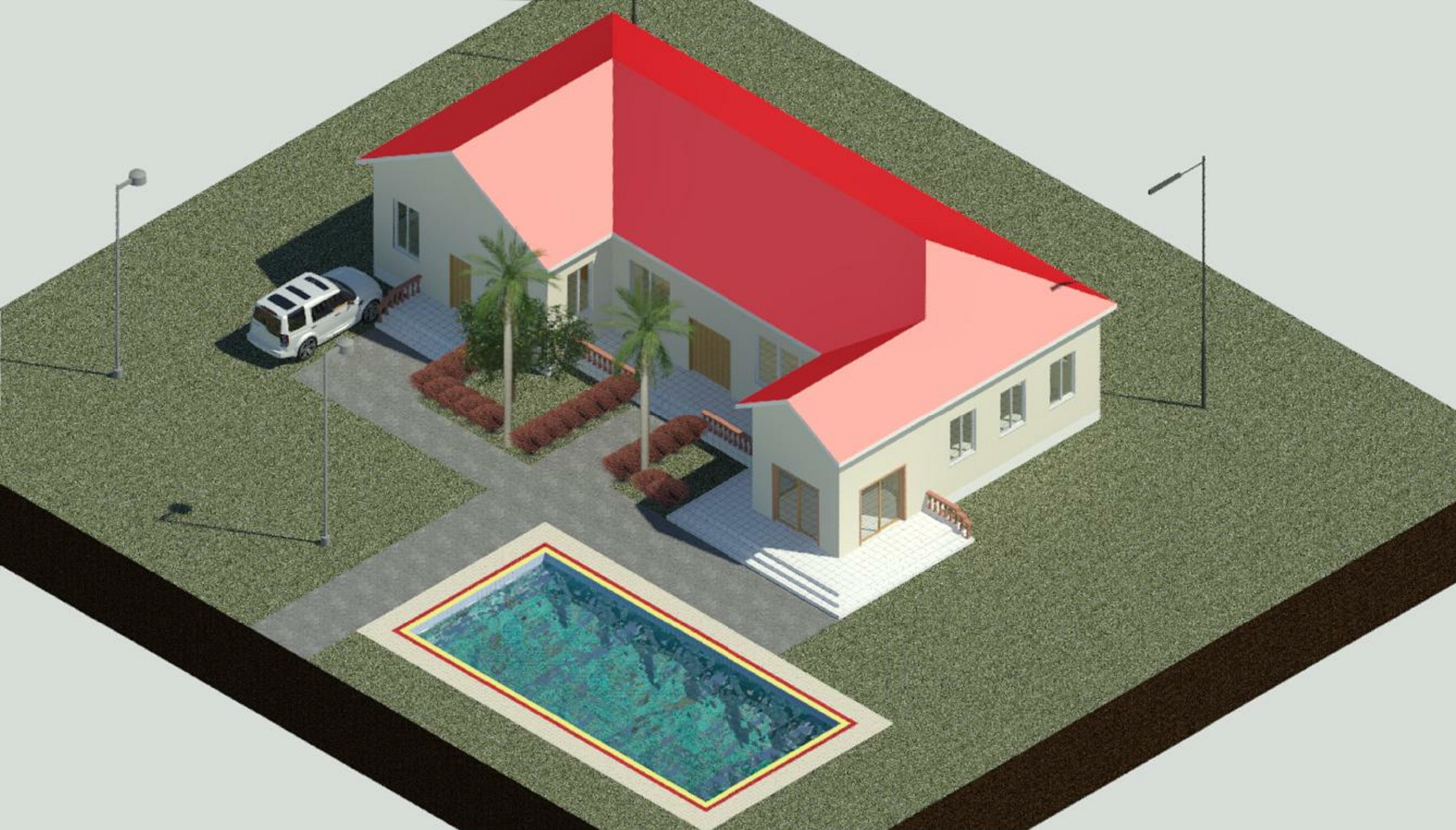 Resort house pitched roof with swimming pool in Revit 3D model | CGTrader