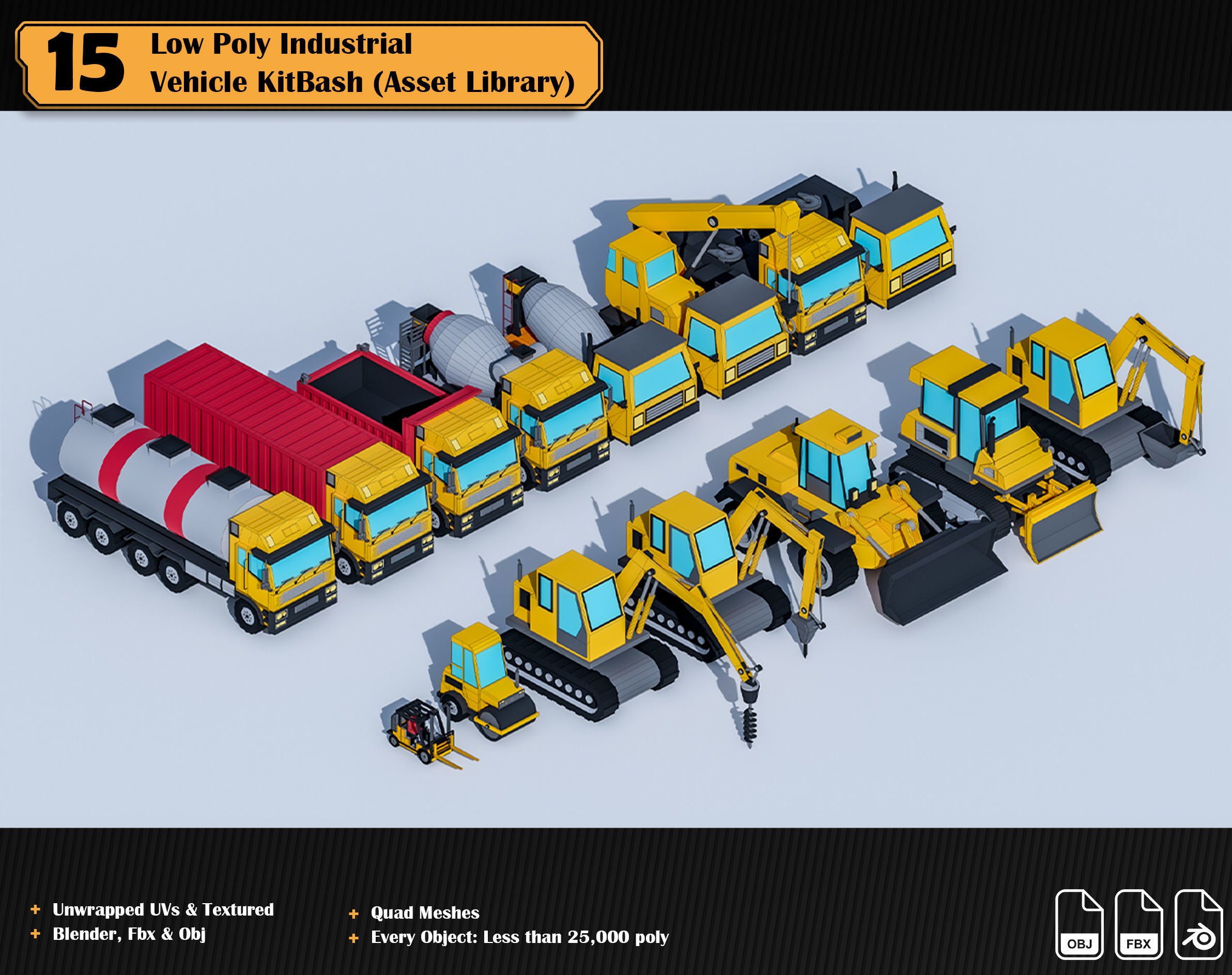 3D model 15 Low Poly Industrial Vehicle Asset Library Kitbash VR / AR ...
