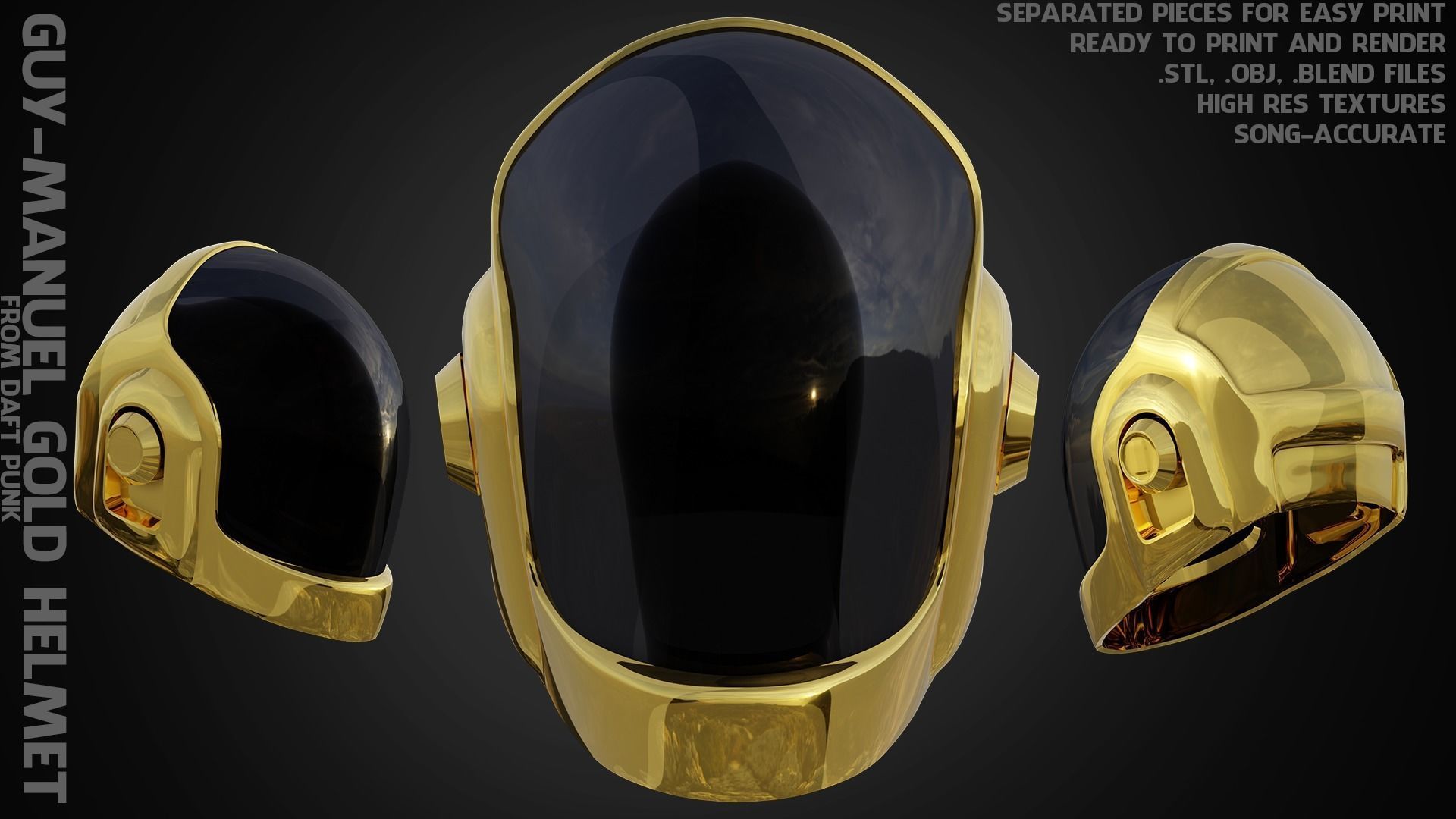 Daft Punk Guy-Manuel Gold Helmet 3D model 3D printable | CGTrader