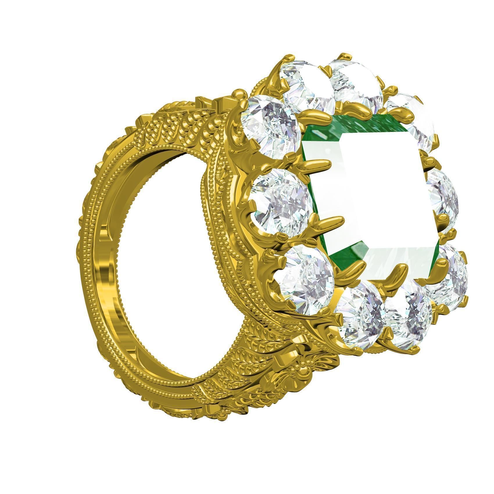 Unique Emerald Stone Round Halo Art Deco Engraving Design Ring 3D model ...