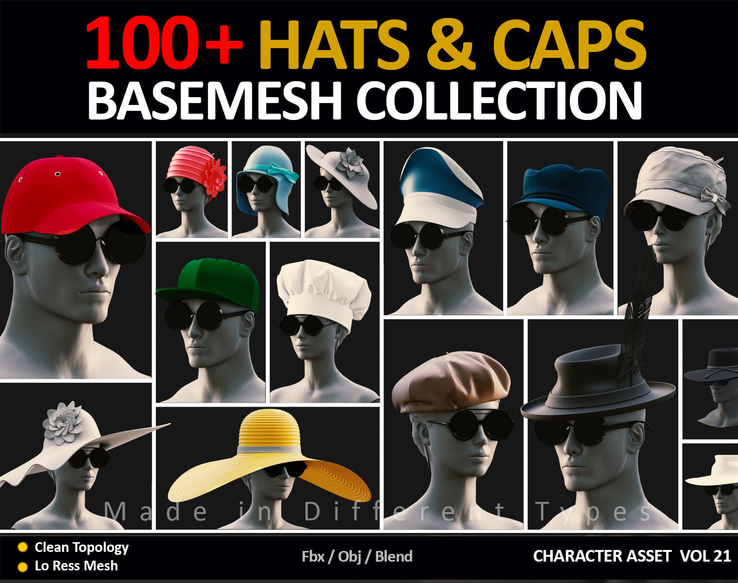 3D model 100 JEFF HATS and CAPS VR / AR / low-poly | CGTrader