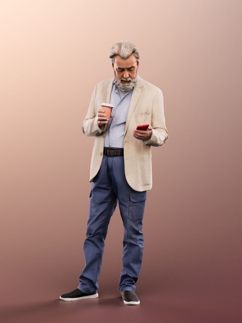 3D model Andreas 13215 - Standing Older Man With Phone And Cup VR / AR / low-poly | CGTrader