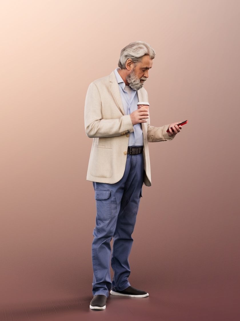 3D model Andreas 13215 - Standing Older Man With Phone And Cup VR / AR / low-poly | CGTrader