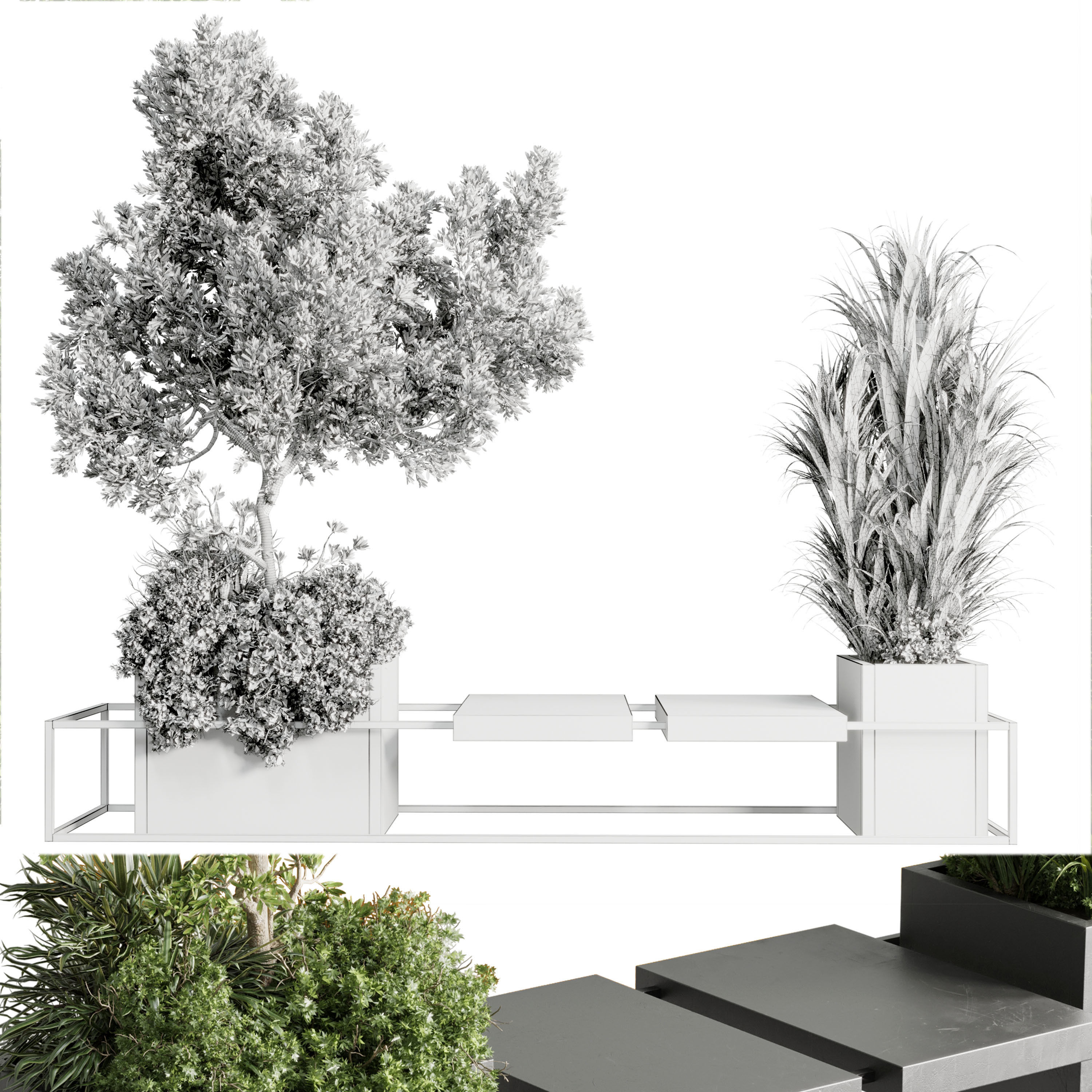 3D model Urban Environment - Urban Furniture - Green Benches With tree 40 VR / AR / low-poly ...