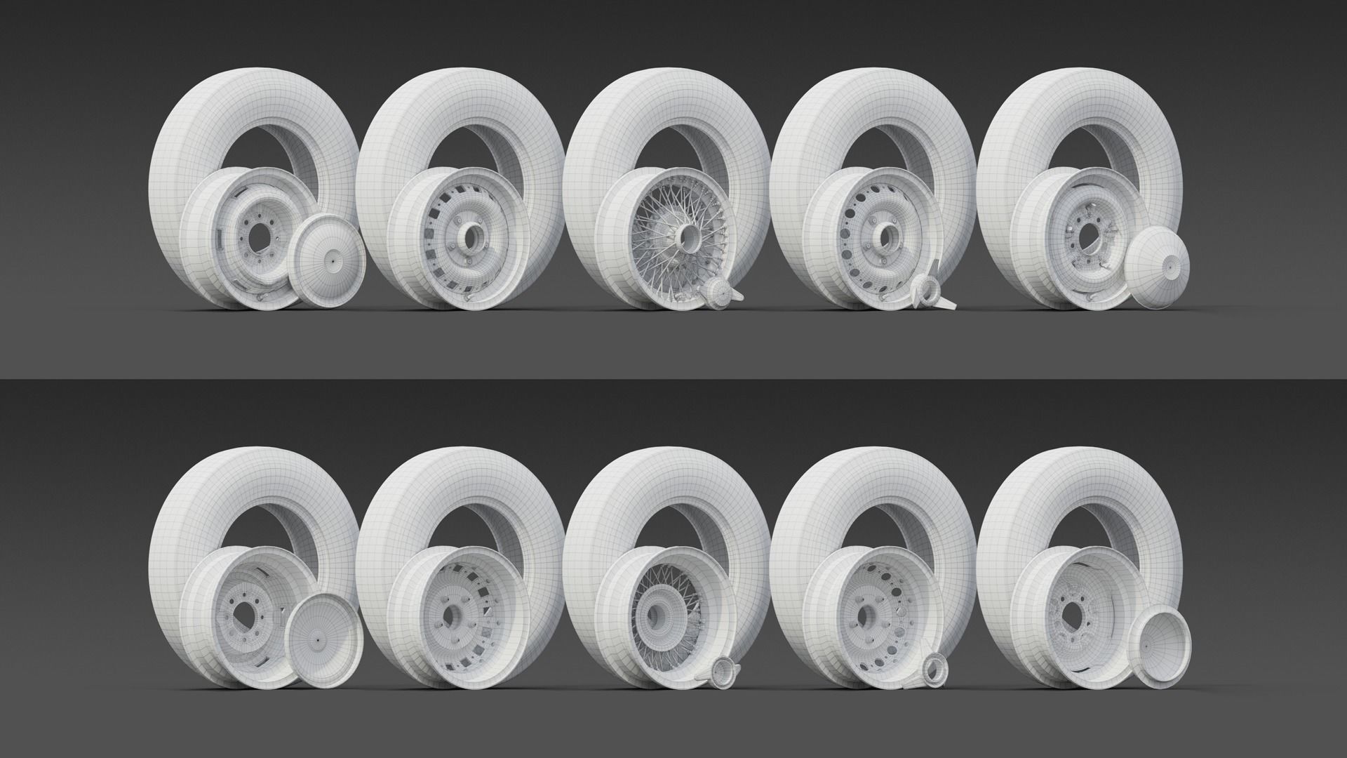 Set of 5 mid-poly vintage car wheels 3D model | CGTrader