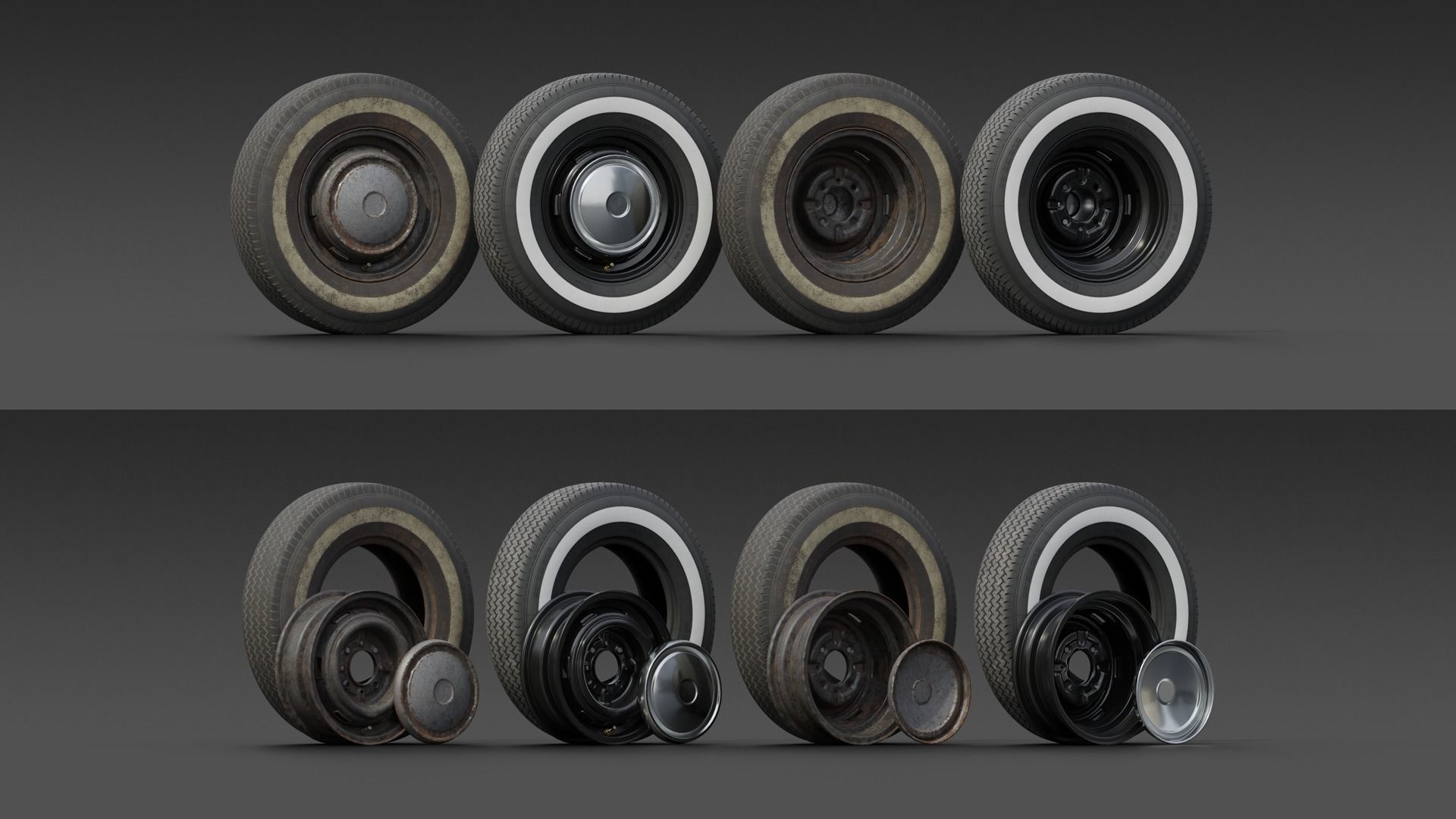 Set of 5 mid-poly vintage car wheels 3D model | CGTrader