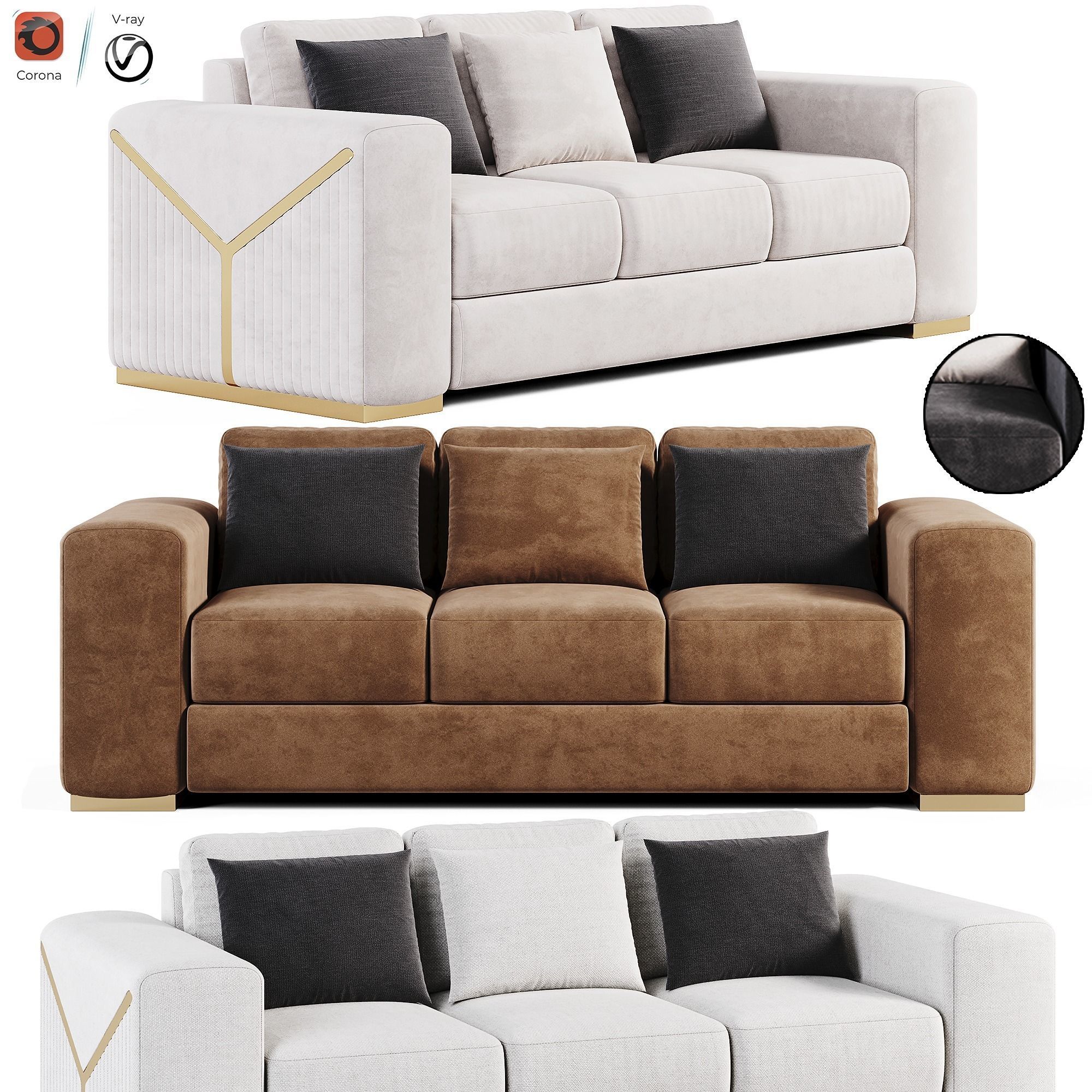 3D model Velvet Green 3 seater metallic strip sofa VR / AR / low-poly | CGTrader