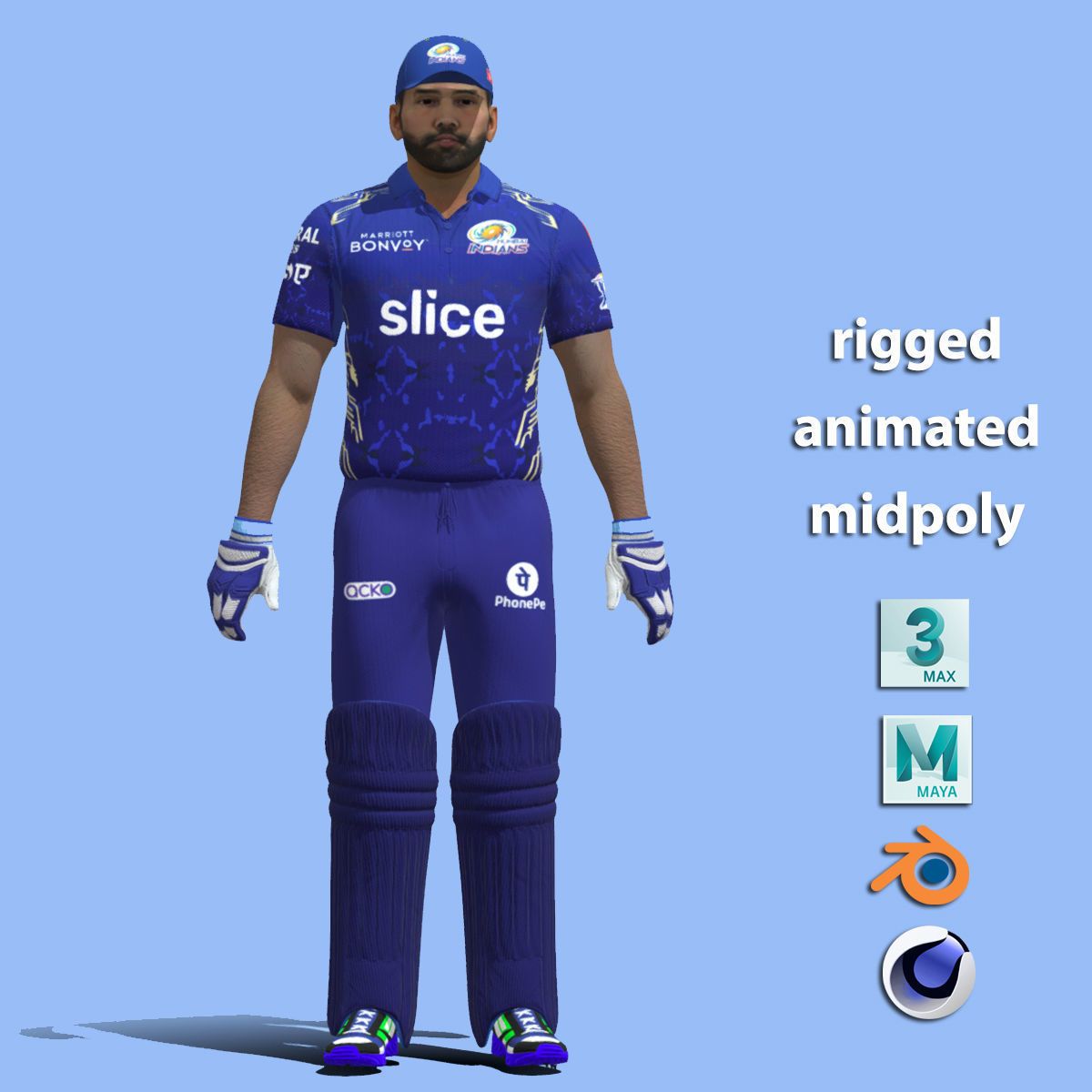 T-P Rigged Rohit Sharma Cricket 3D model animated rigged | CGTrader
