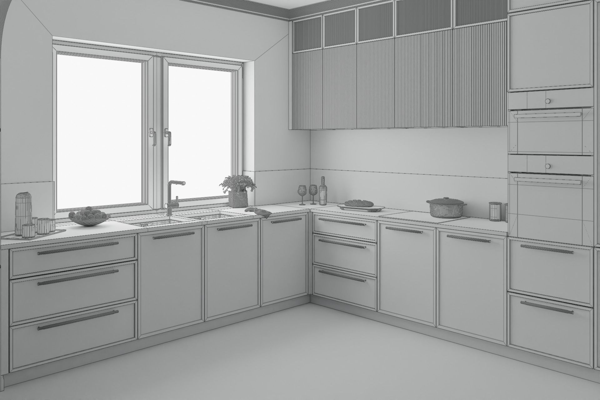 Modern L-shape kitchen grey and wood with dining table and chair 3D ...