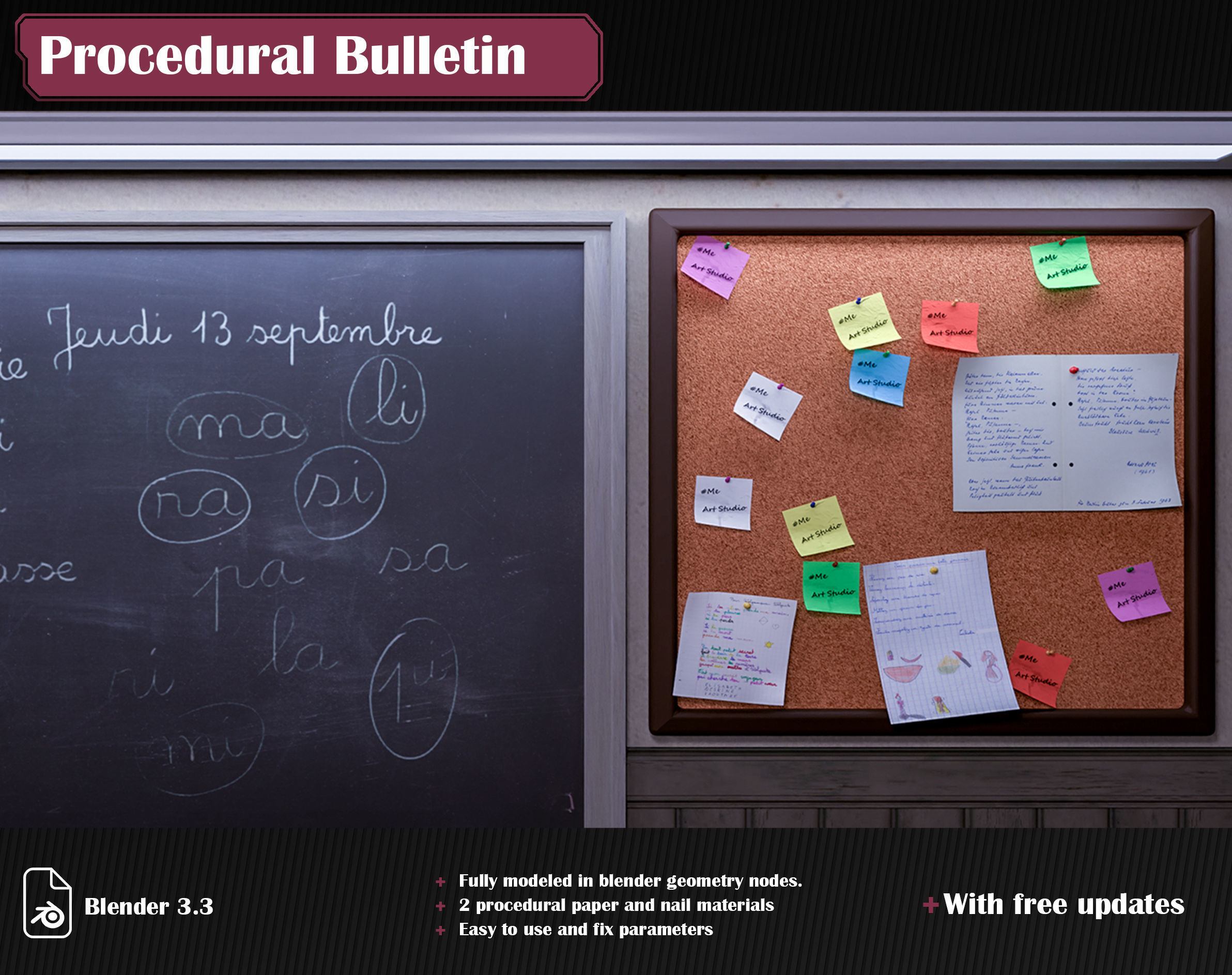 Procedural Bulletin plus Procedural Sticky Note and Nail 3D model ...