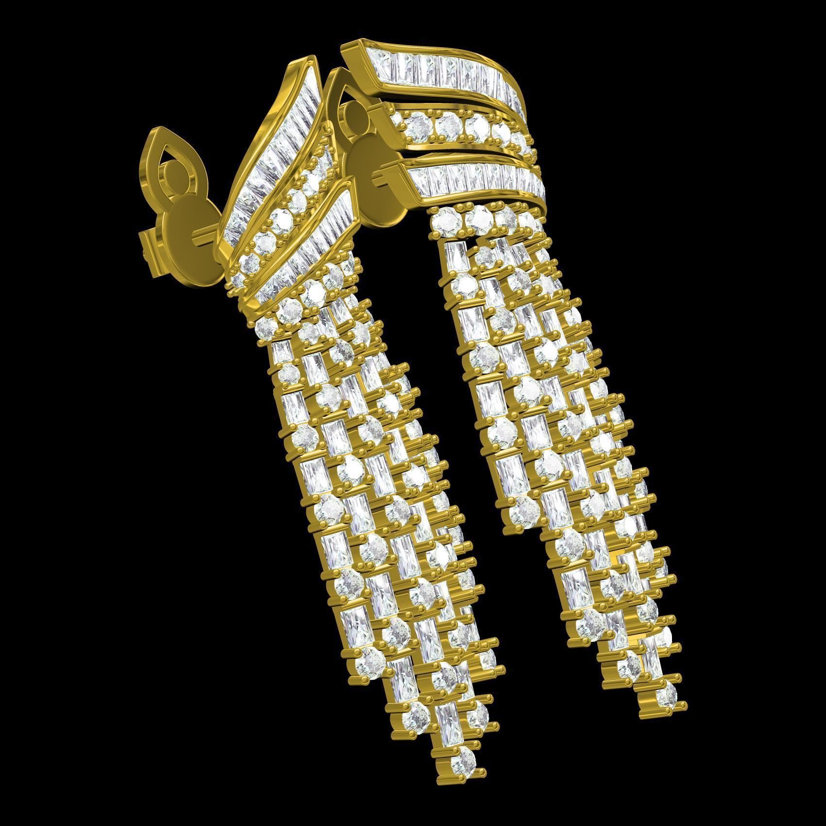 Round and Baguette Diamond Long Dongle Earring 3D model 3D printable ...