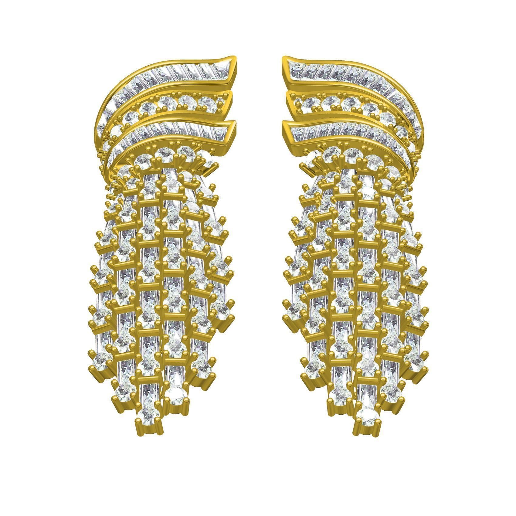 Round and Baguette Diamond Long Dongle Earring 3D model 3D printable ...