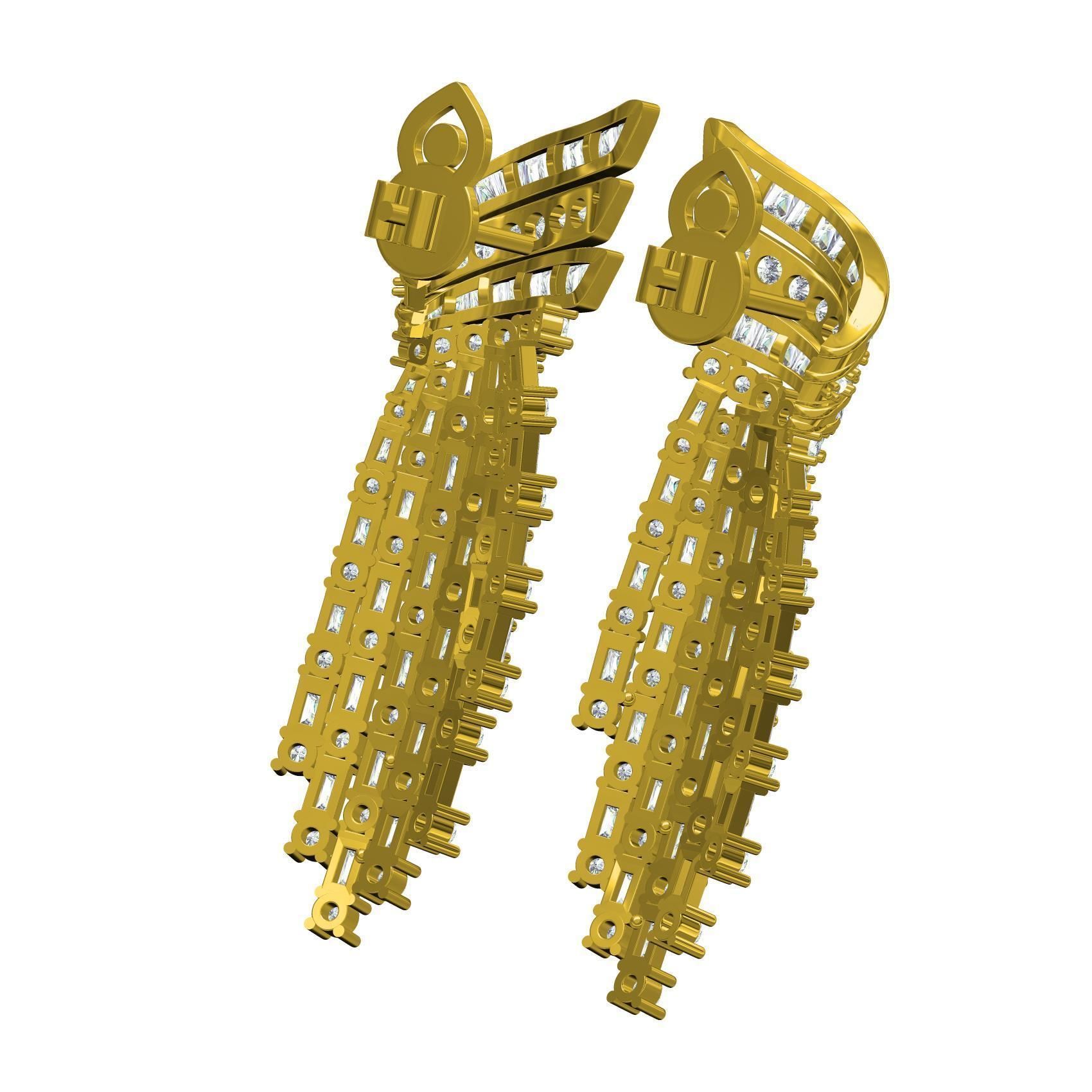 Round and Baguette Diamond Long Dongle Earring 3D model 3D printable ...