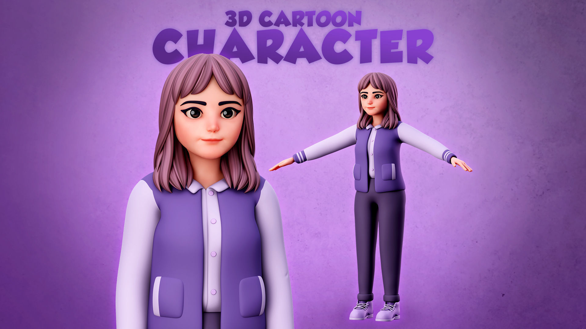 3D Cartoon Character - Cute woman with purple cloths 3D model rigged ...