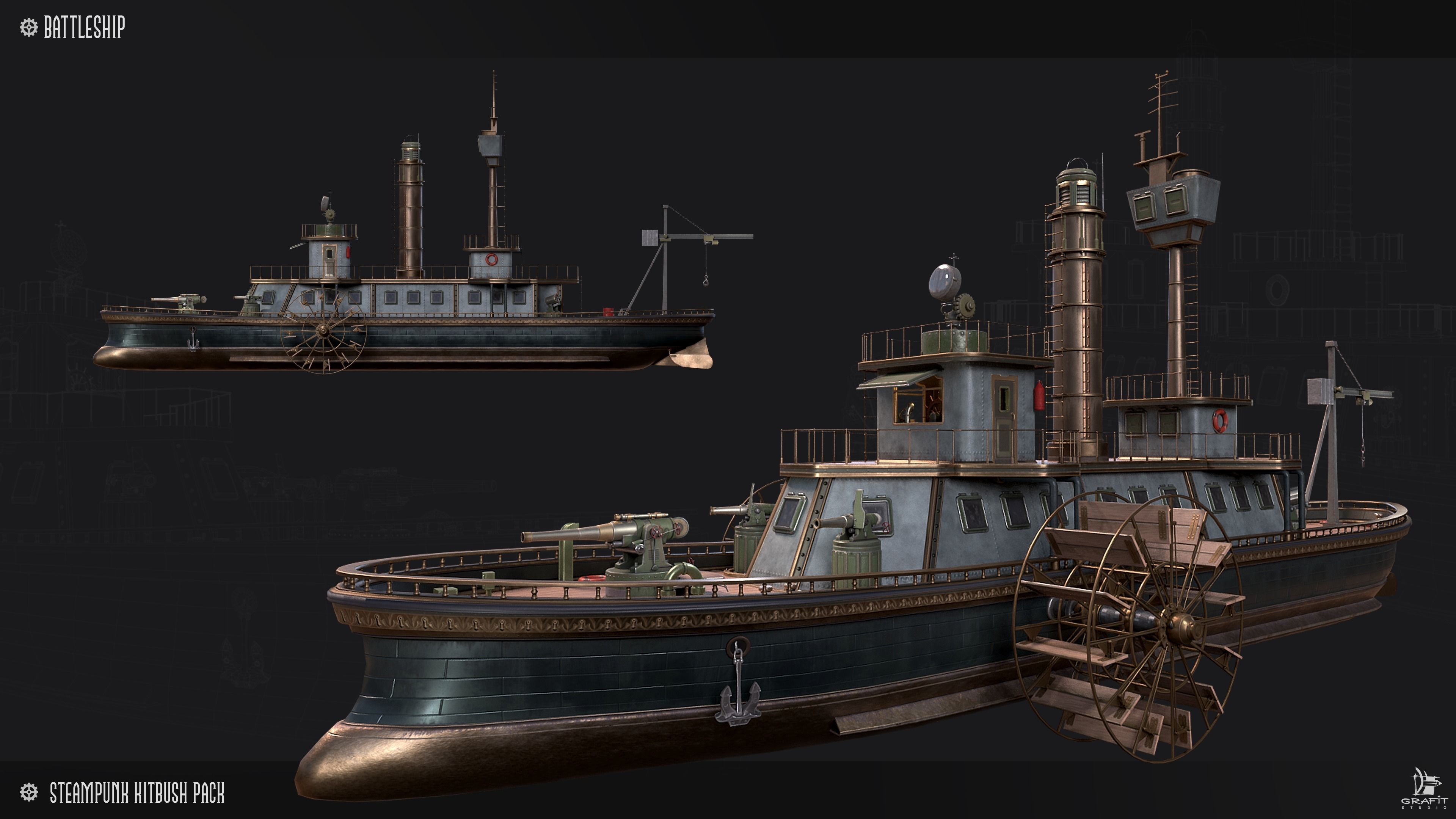 3D model Steampunk Battleship 3D Game Ready Kitbash Textured VR / AR ...